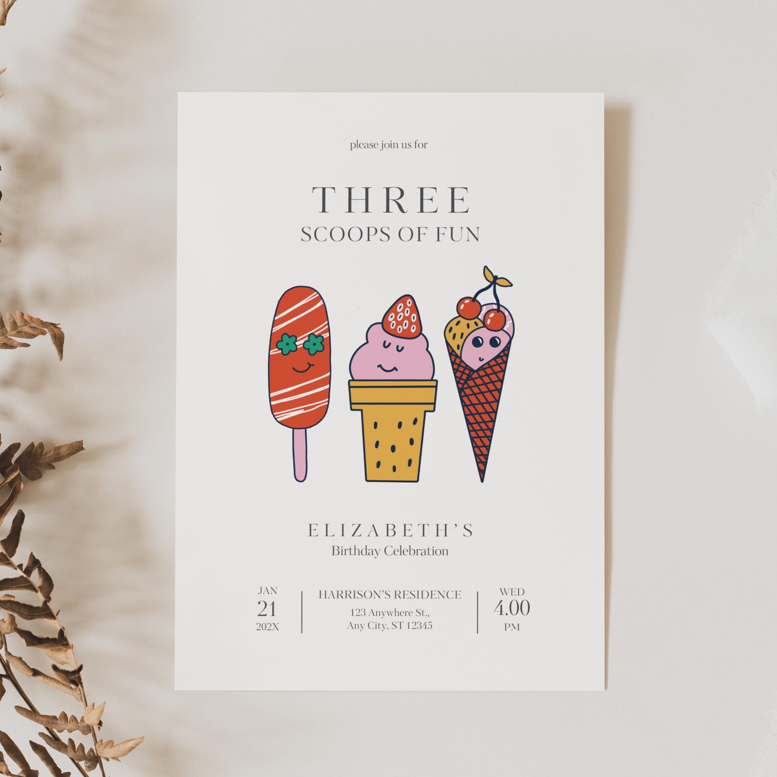 Three Scoops of Fun Birthday Invitation, Ice Cream Birthday Invite, 3rd ...