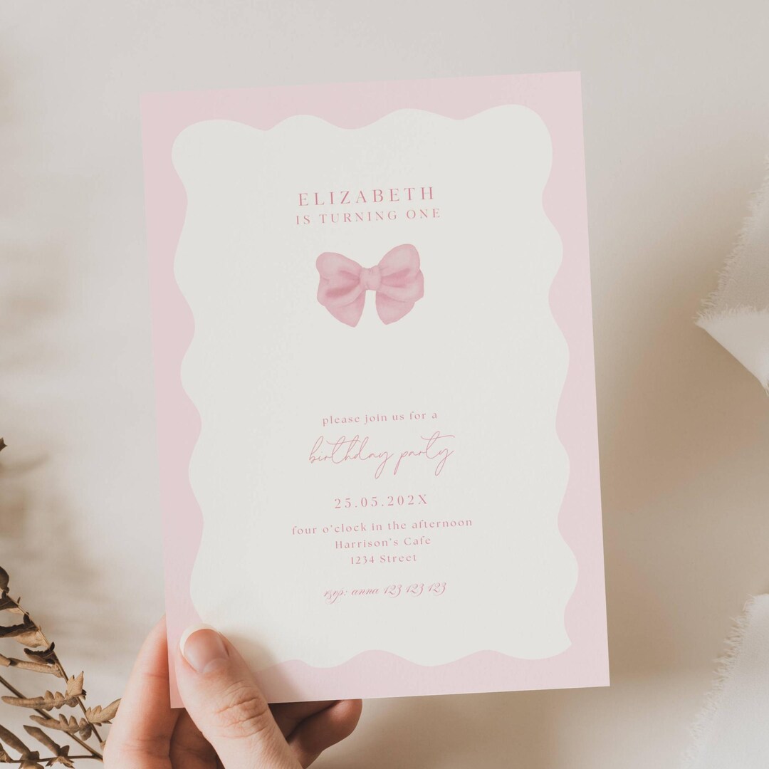 Pink Bow First Birthday, Bow 1st Birthday Invitation Template, Girls ...