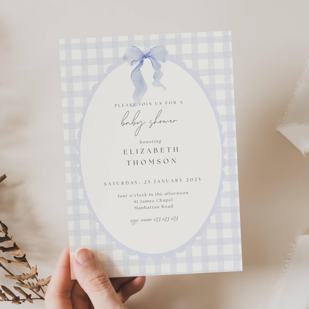 Blue Gingham Baby Shower Invitation, Classic Gingham (editable Template ...