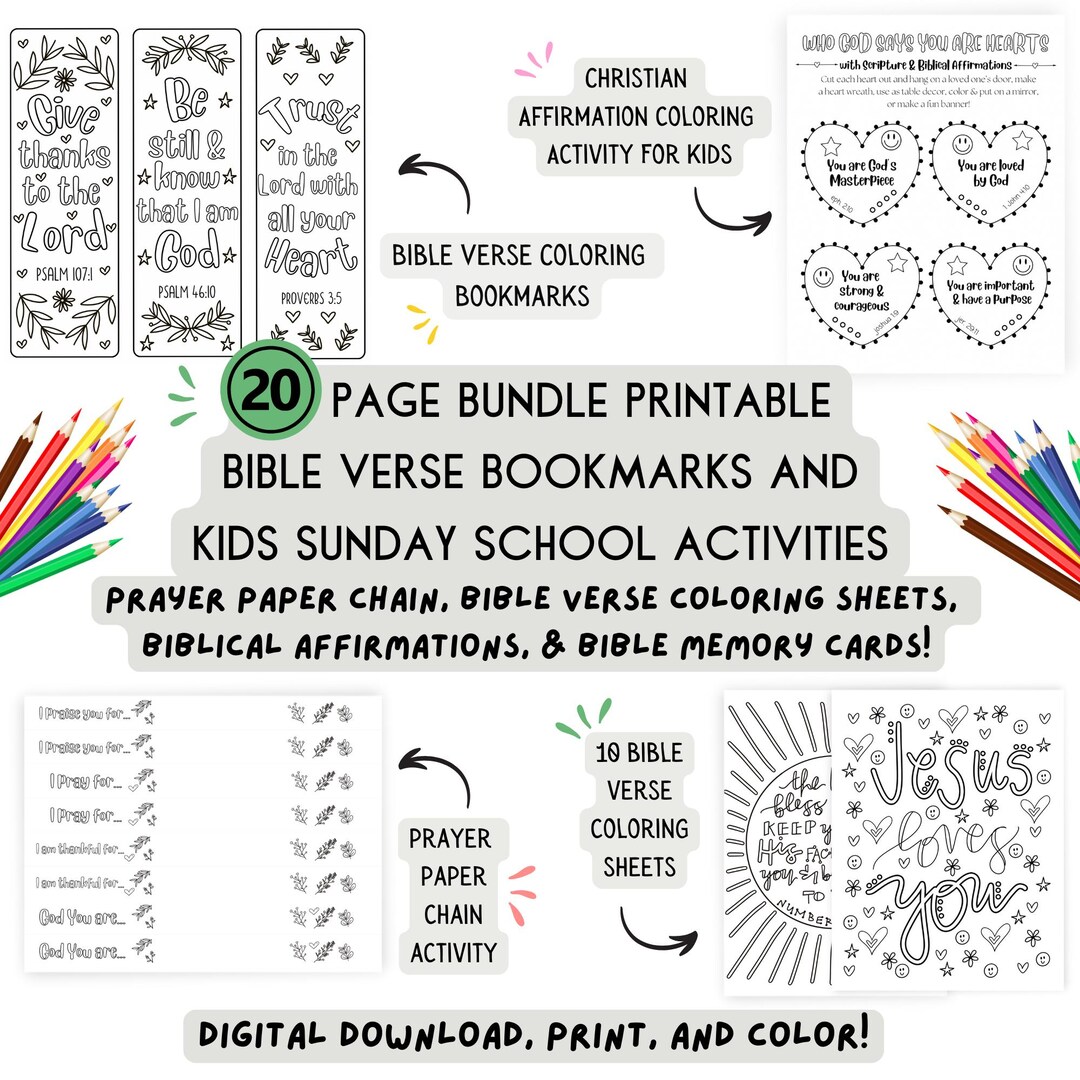 20 Page Kids Bible Activity Crafts Printable Bundle, Bible Verse ...