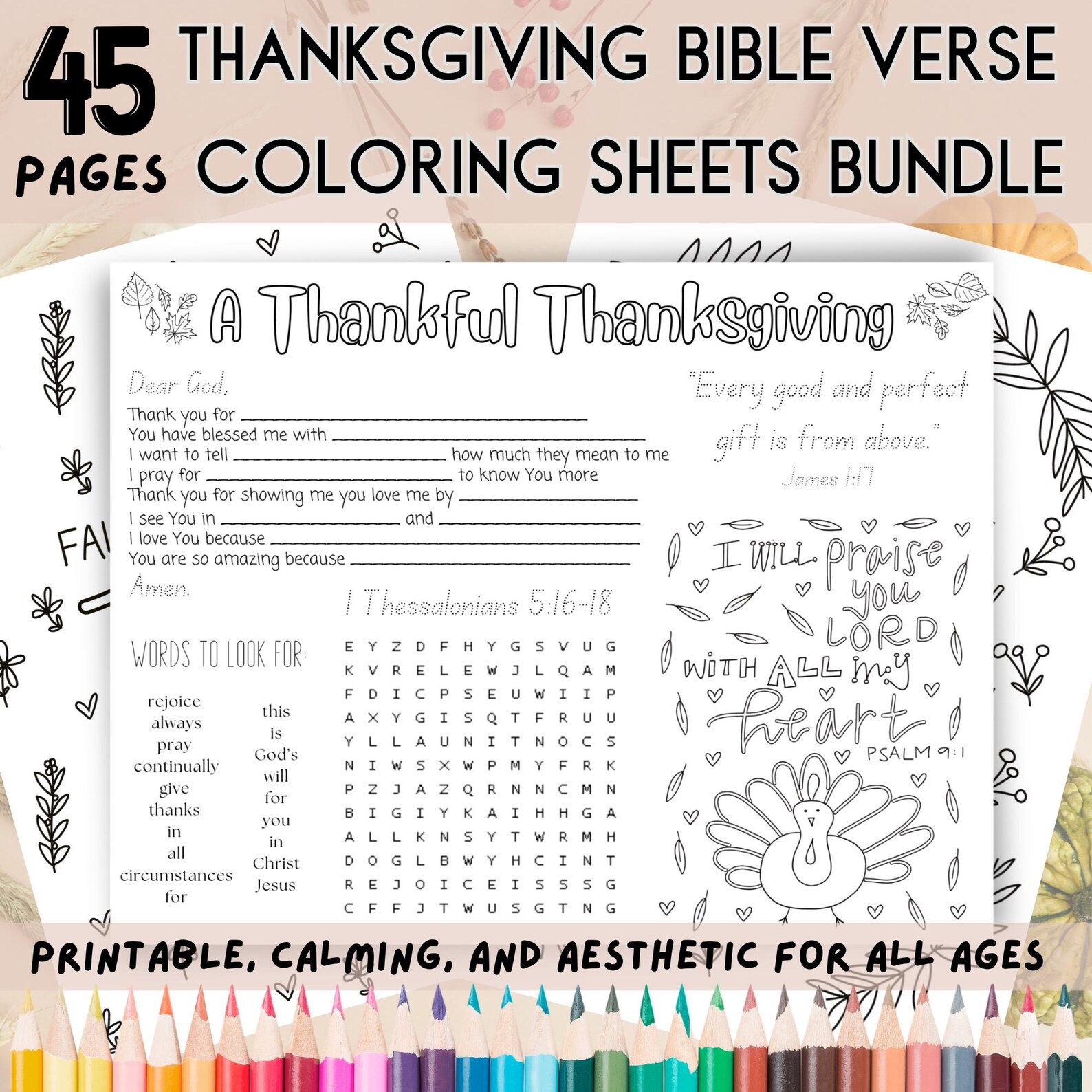 Christian Thanksgiving Bible Verse Coloring Activity Printable Bundle ...