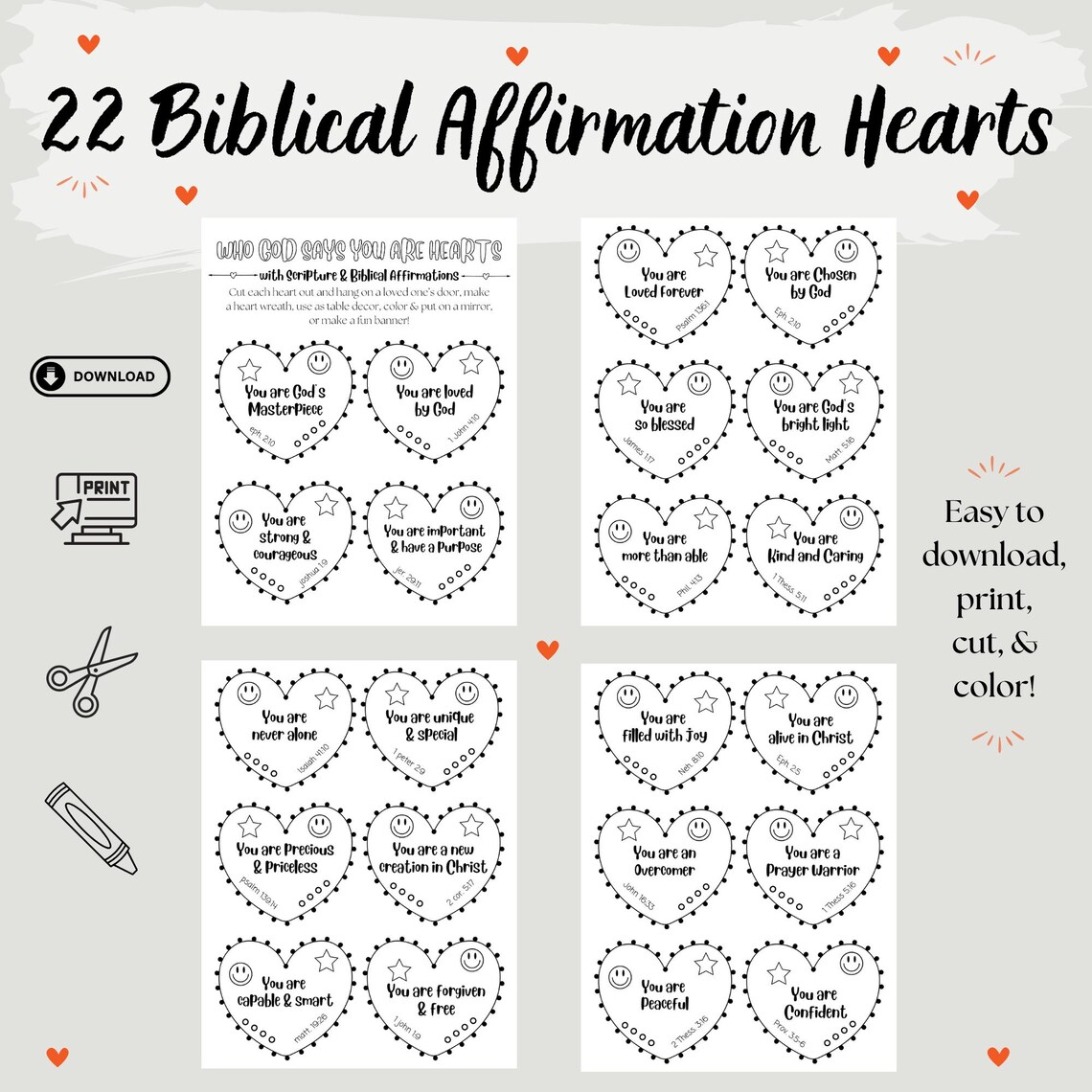 Christian Affirmation Hearts: Bible Verse Coloring Pages (digital ...