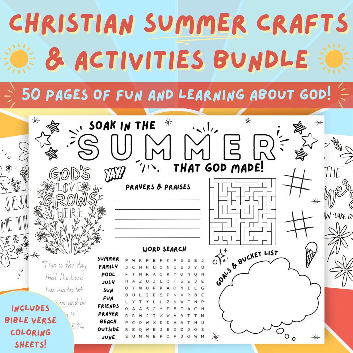 Christian Summer Kids Activities Bundle: Bible Crafts & Coloring Pages ...