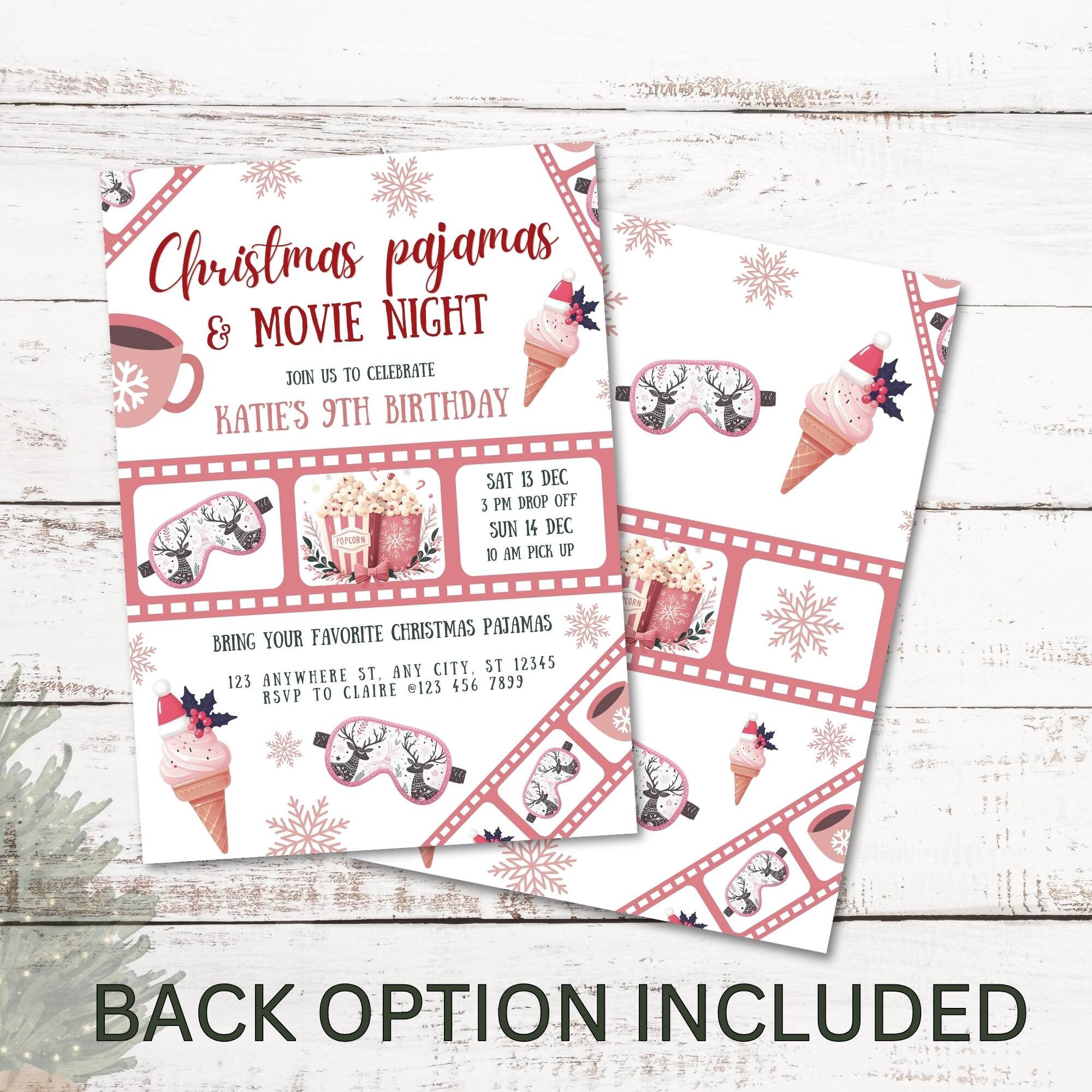 Christmas Pajama Movie Night Birthday Invitation (editable Canva ...