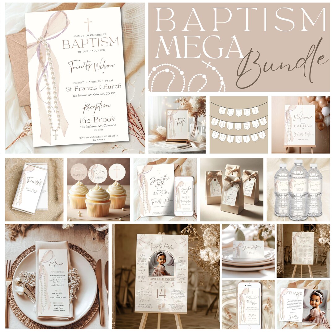 Mocha Baptism Invitation MEGA Bundle: Bow & Pearls Theme (editable ...
