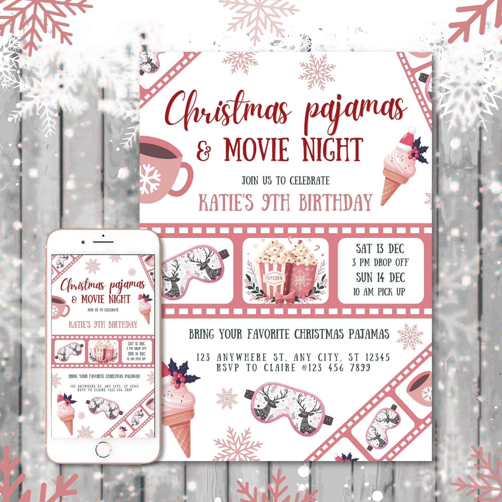 Christmas Pajama Movie Night Birthday Invitation (editable Canva ...