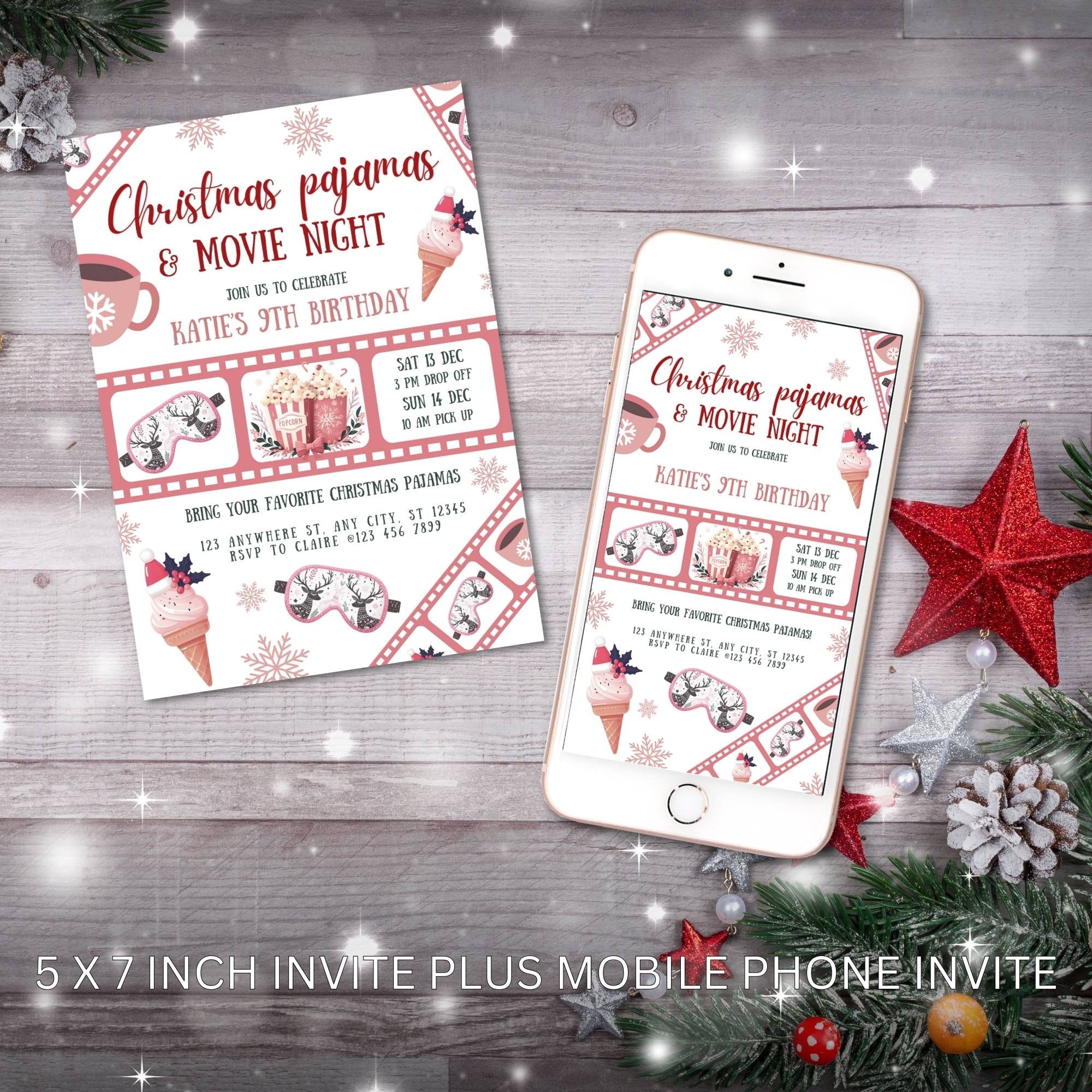 Christmas Pajama Movie Night Birthday Invitation (editable Canva ...