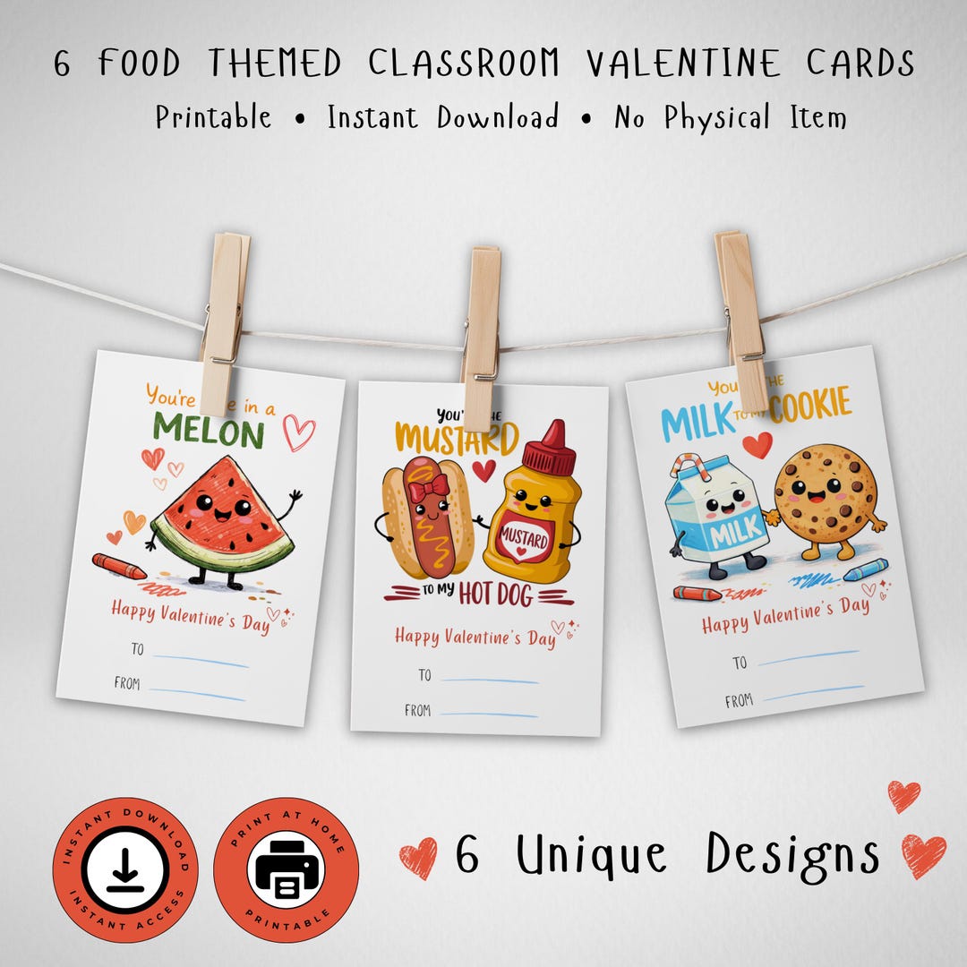 Classroom Valentine Cards Printable | Food Themed Valentines for Kids ...