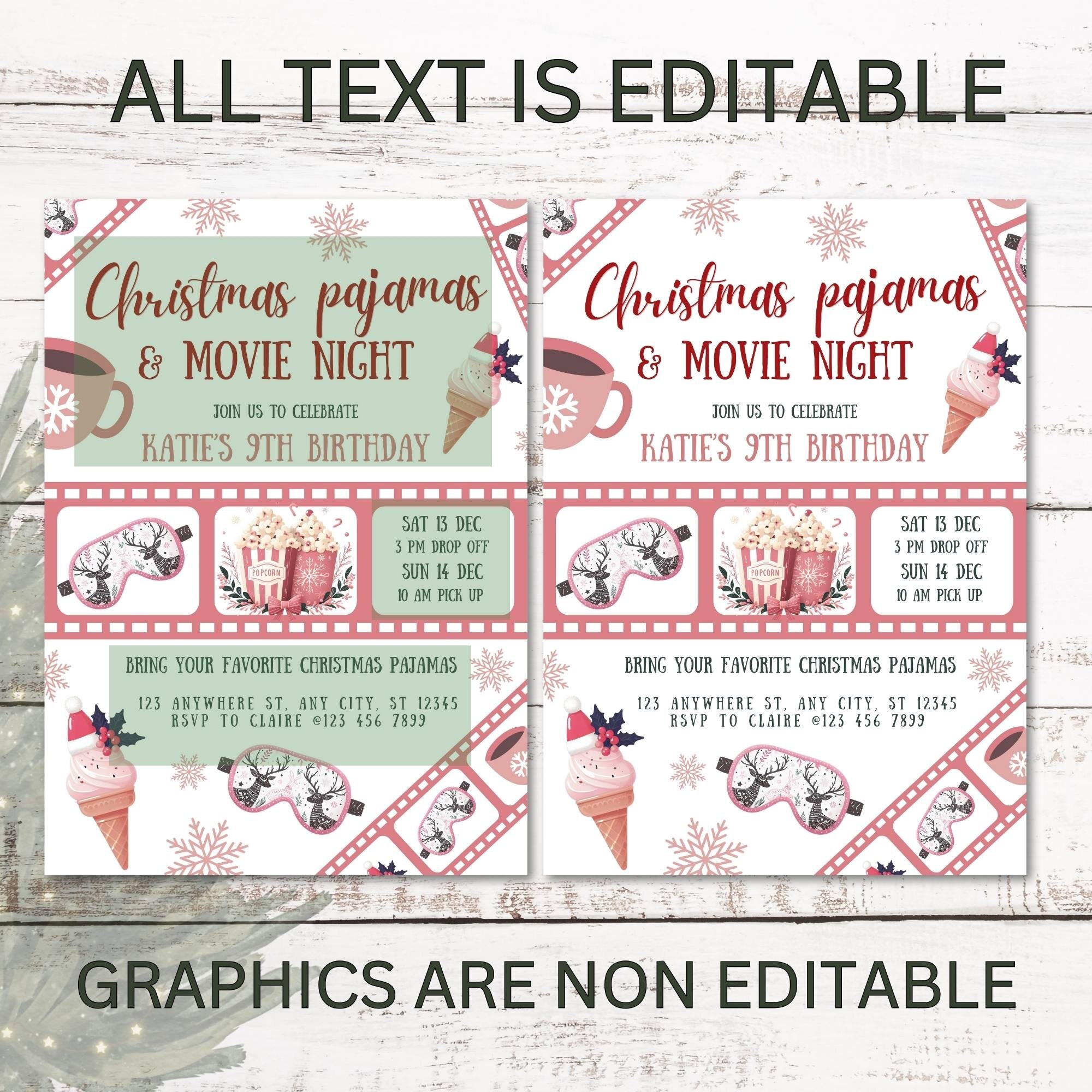 Christmas Pajama Movie Night Birthday Invitation (editable Canva ...