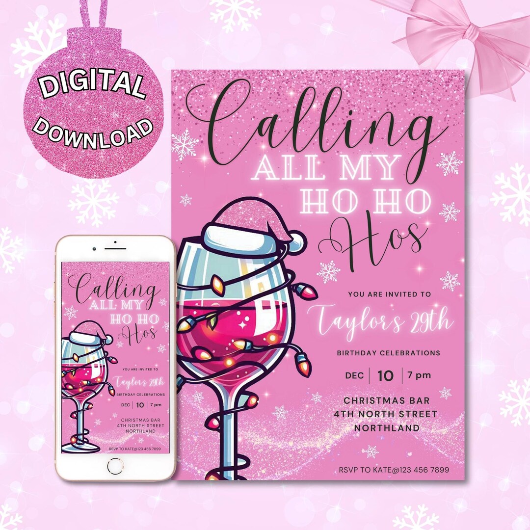 Pink Christmas HO HO HOS Party Invitation: Editable Canva Template ...