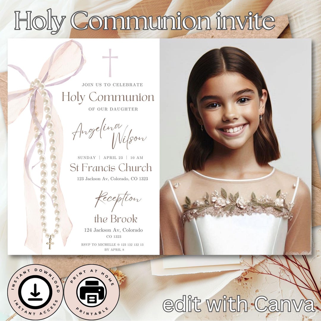 Bow and Pearls Holy Communion Invitation: Editable Template (5x7 ...