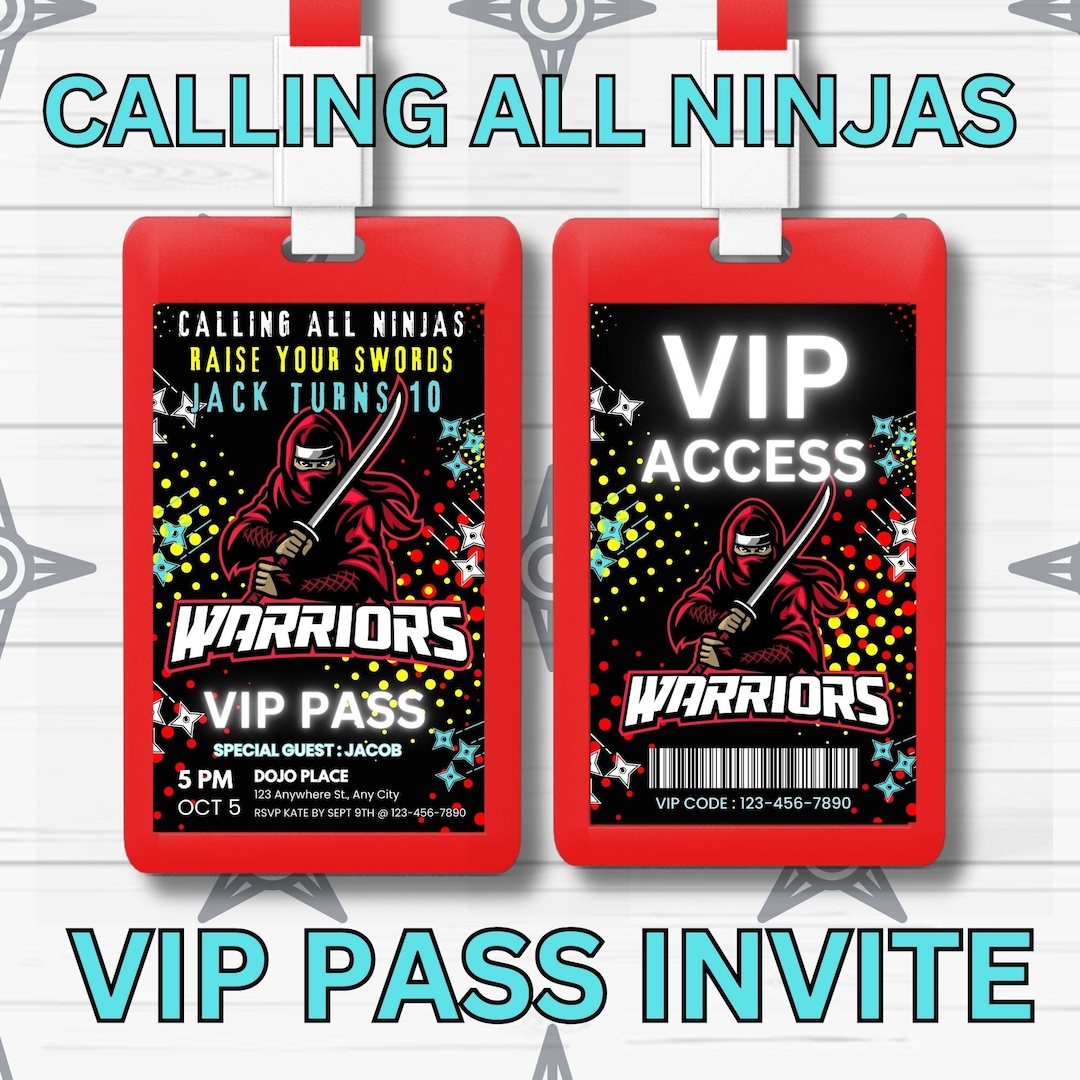 Editable VIP PASS Ninja Birthday Invite, Ninja Warrior Vip Pass ...
