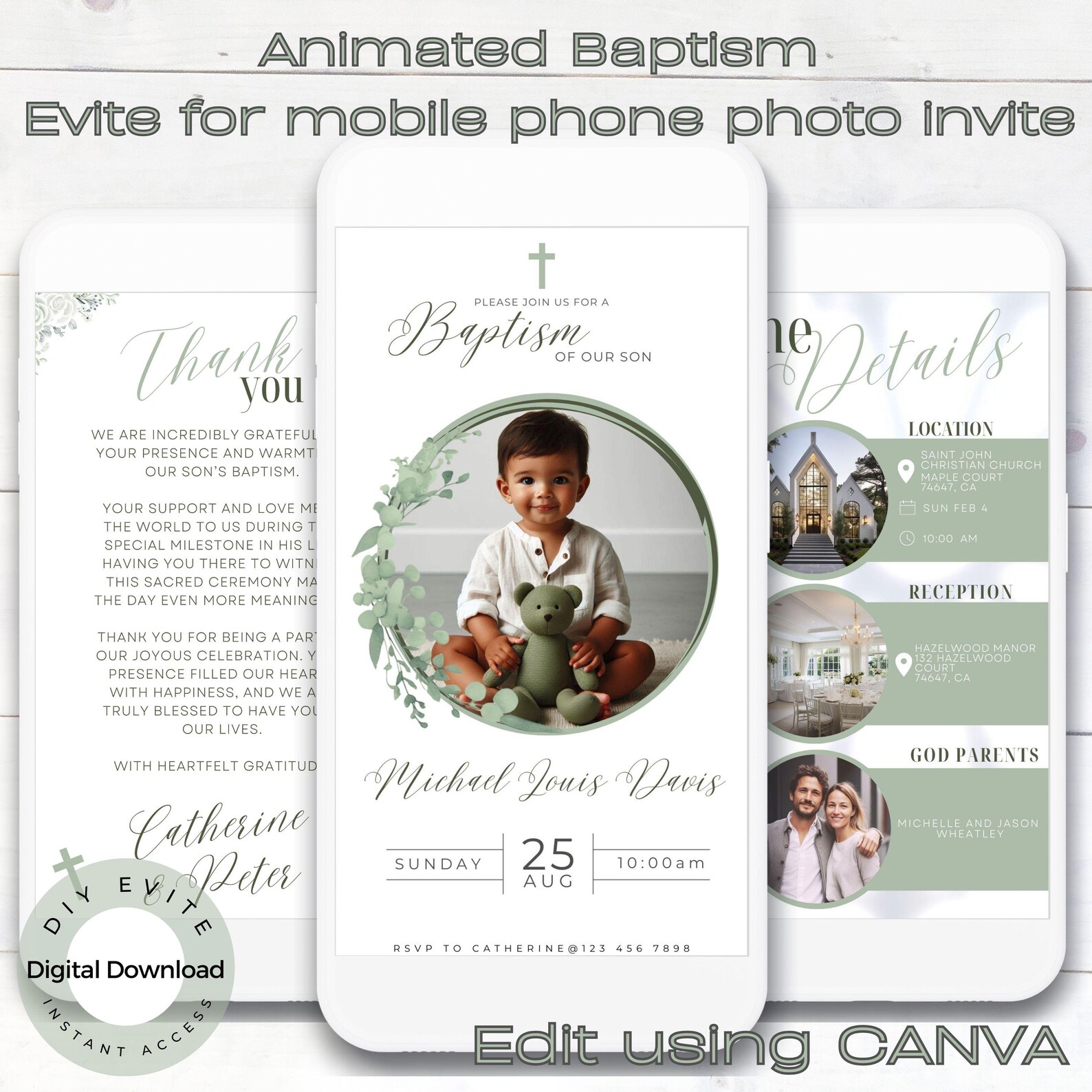 Animated Boy Baptism Evite Template: Green Floral (digital Download) - Etsy
