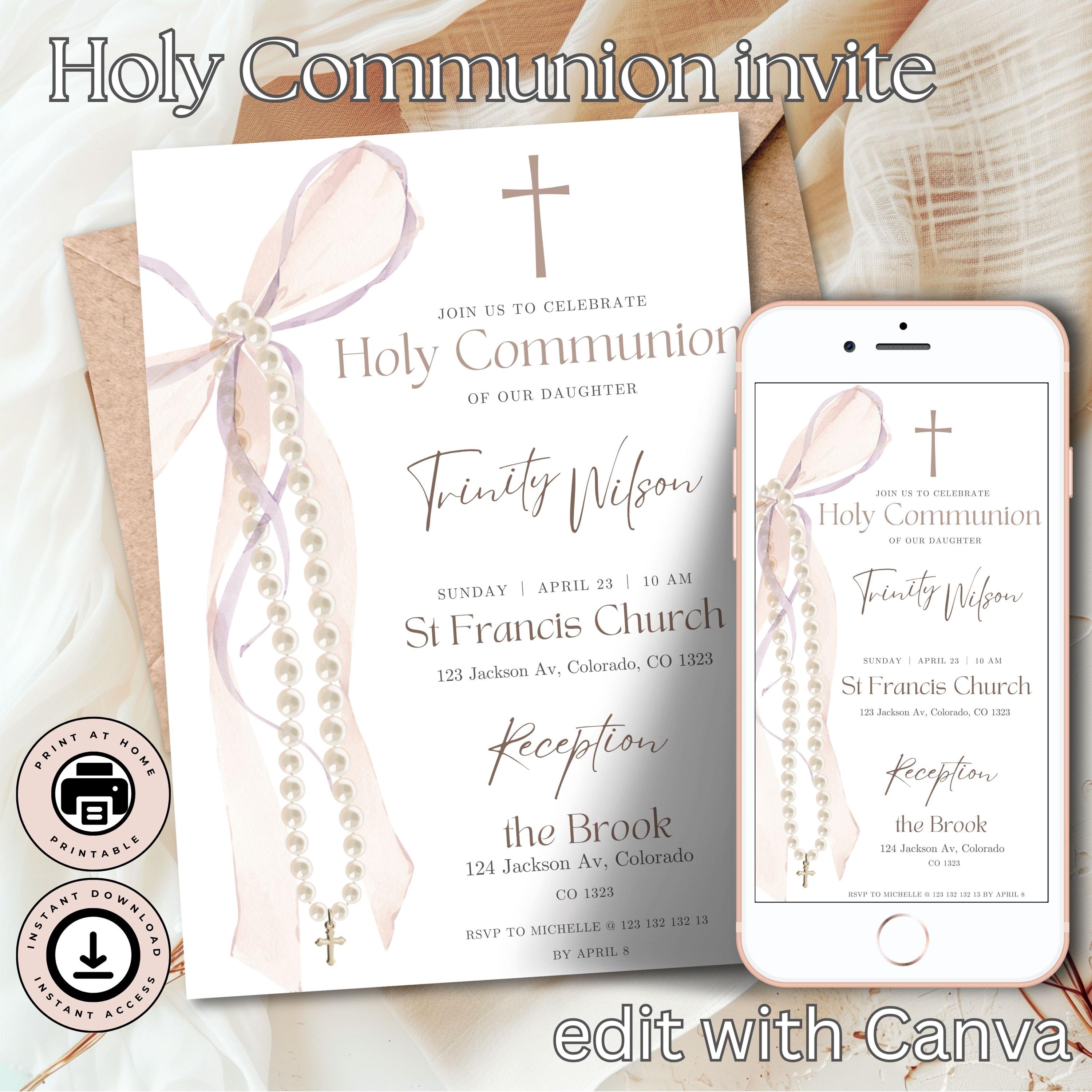Bow and Pearls Holy Communion Invitation: Editable Canva Template - Etsy