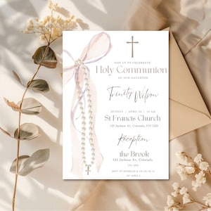 Bow and Pearls Holy Communion Invitation: Editable Canva Template - Etsy