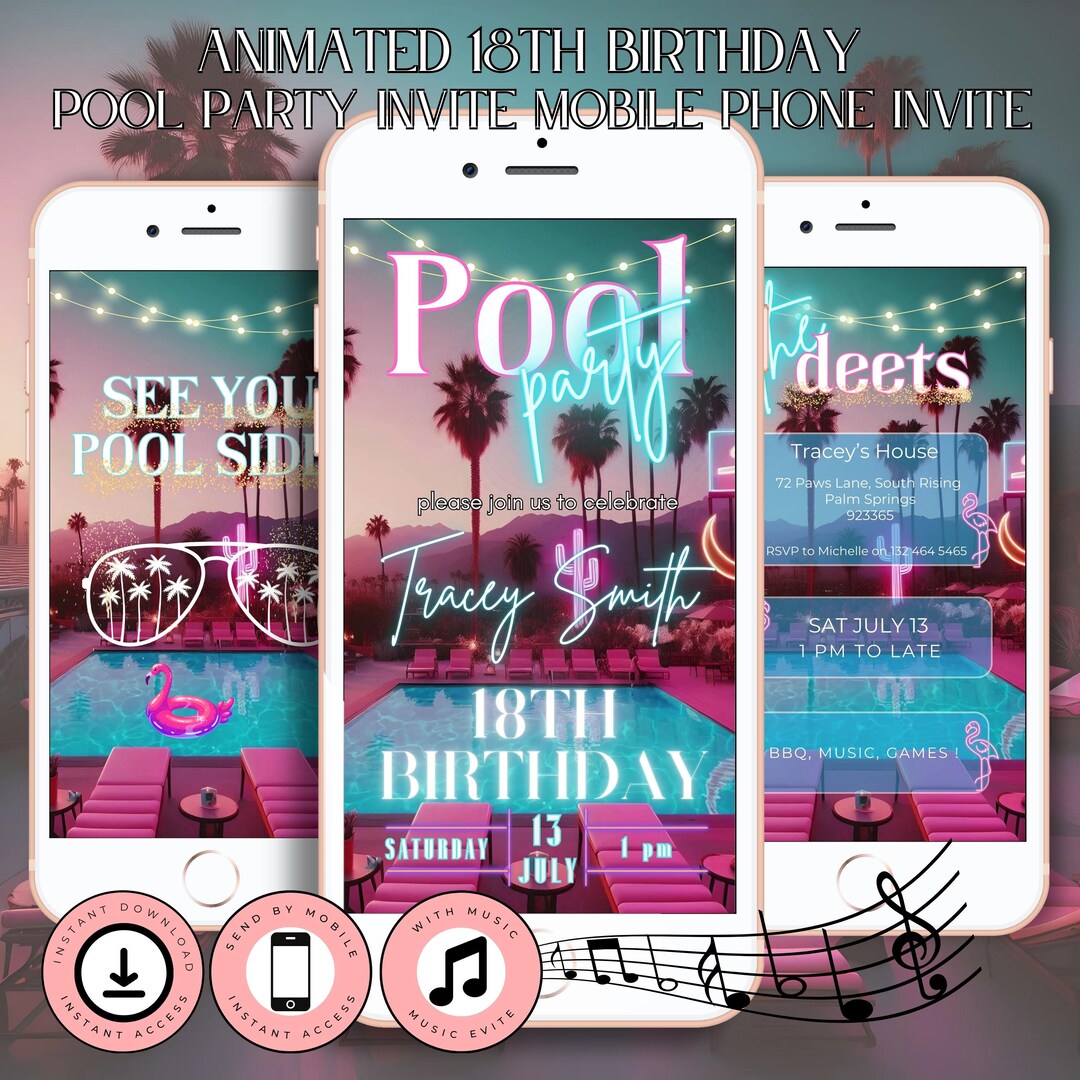 18th Birthday Pool Party Video Evite: Neon Palm Design (edit in Canva ...