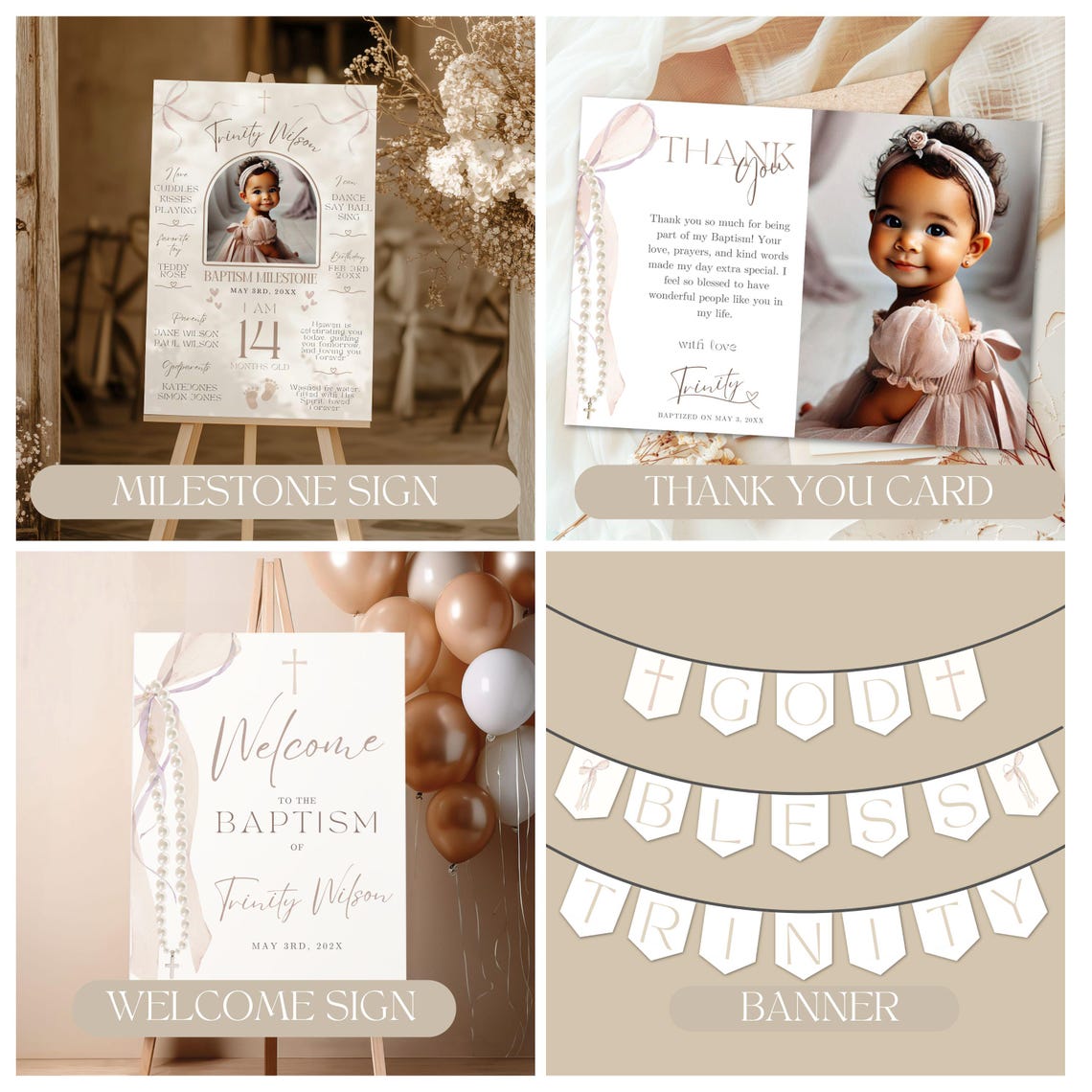 Mocha Baptism Invitation MEGA Bundle: Bow & Pearls Theme (editable ...