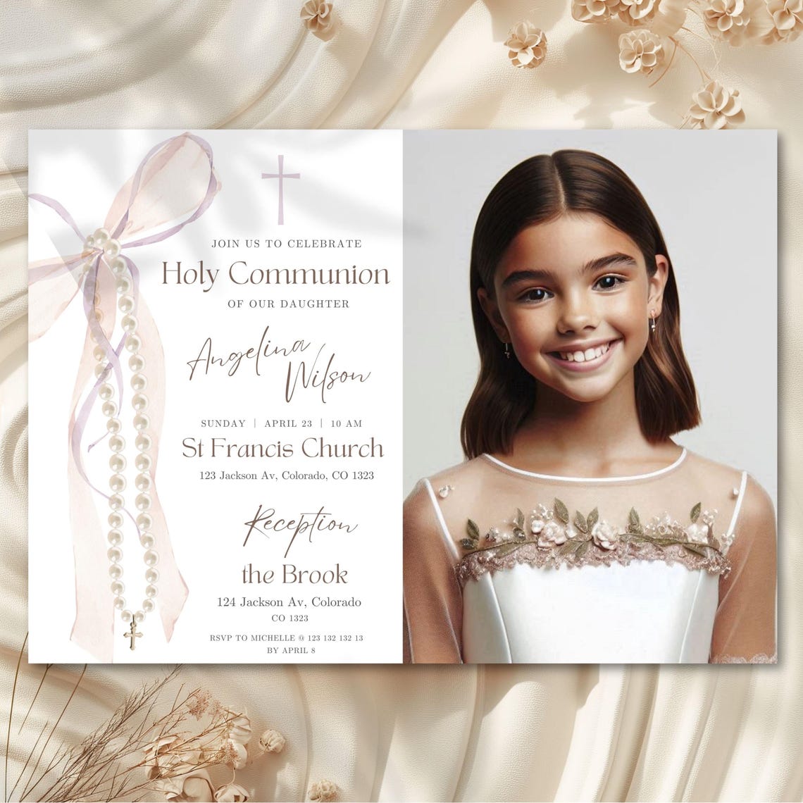 Bow and Pearls Holy Communion Invitation: Editable Template (5x7 ...