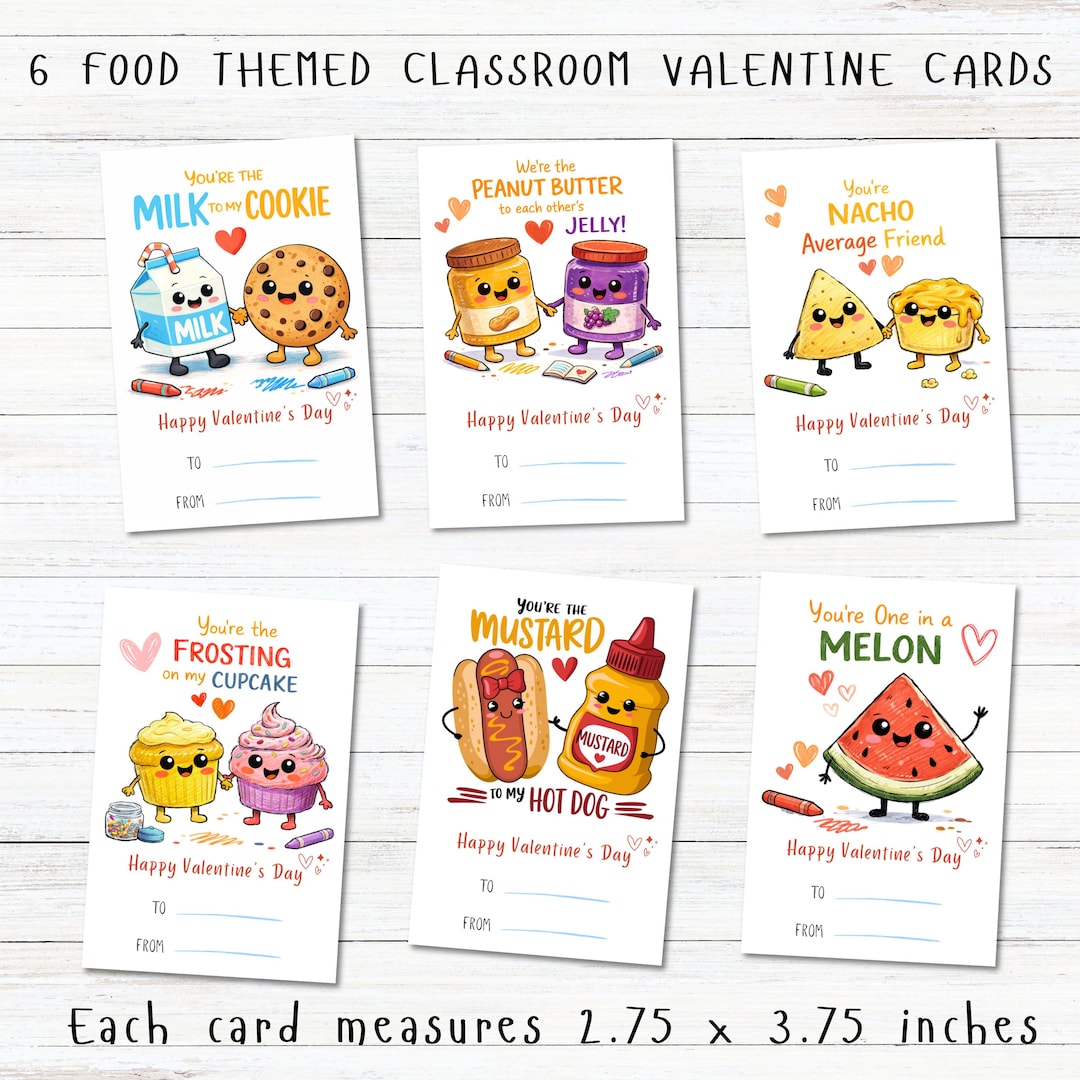 Classroom Valentine Cards Printable | Food Themed Valentines for Kids ...