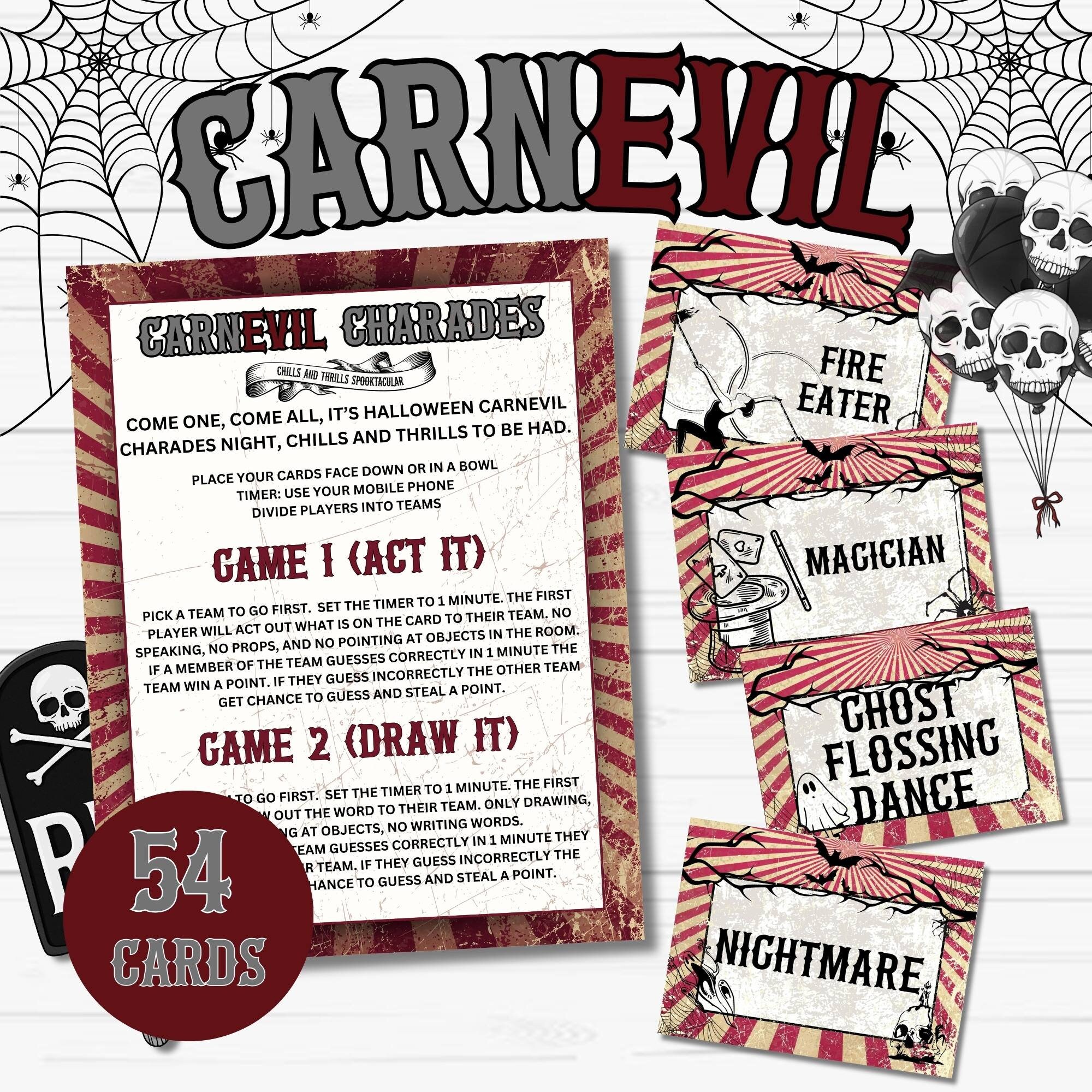 Halloween Charades Game: Carnevil Theme, 54 Printable Cards (PDF) - Etsy