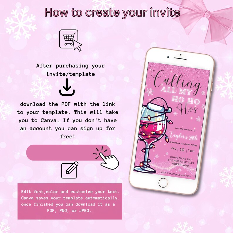 Pink Christmas HO HO HOS Party Invitation: Editable Canva Template ...