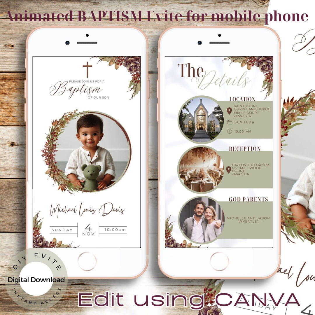 Autumn Baptism Animated Evite: Boy's Invitation, Edit on Canva (digital ...