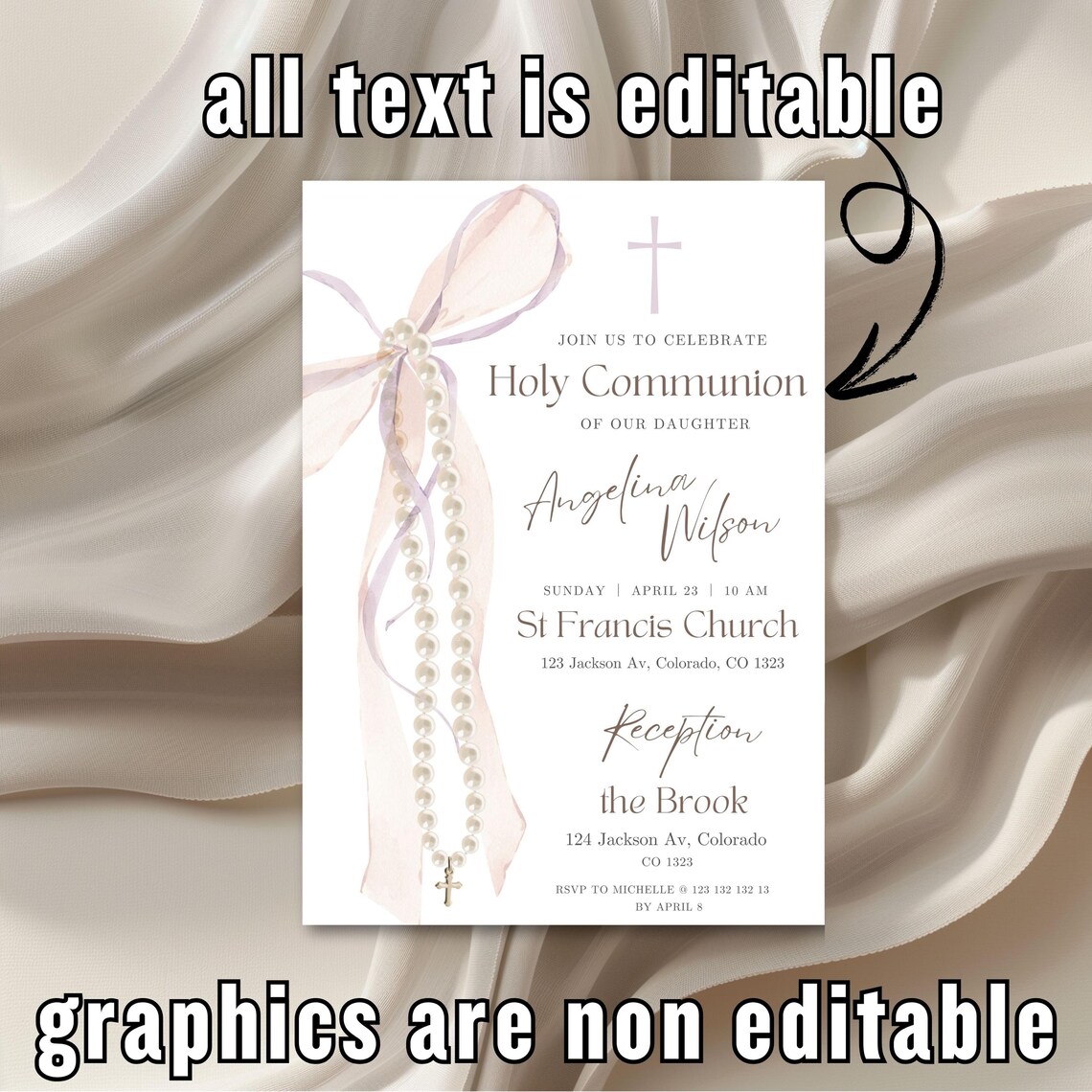 Bow and Pearls Holy Communion Invitation: Editable Template (5x7 ...