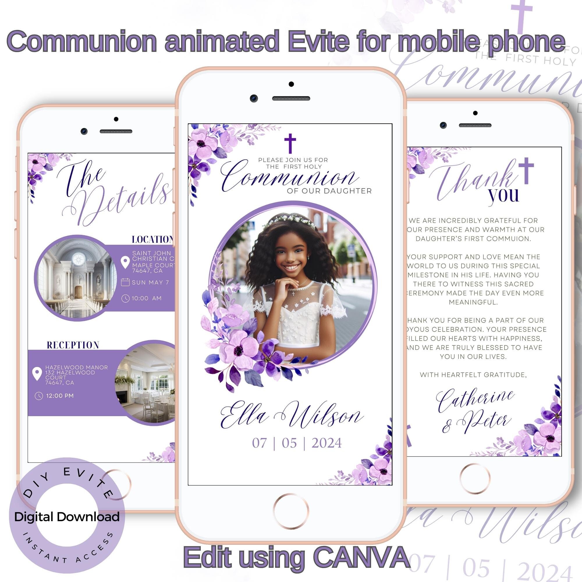 Editable Digital Communion Invite for Mobile. Holy Communion Invite , Purple, Girls Communion ...