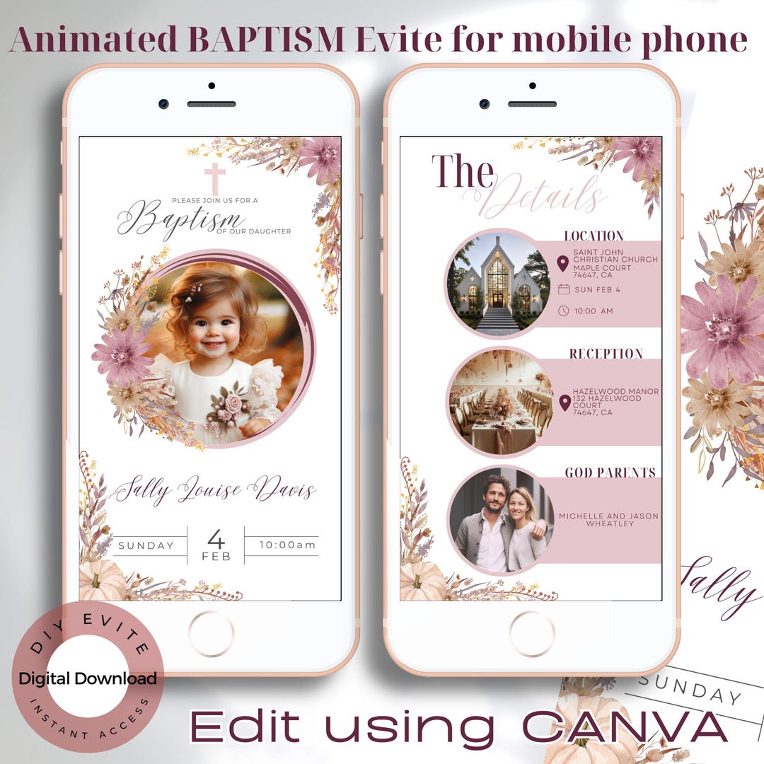 Autumn Floral Baptism Evite: Animated Girl Invitation (digital Download ...