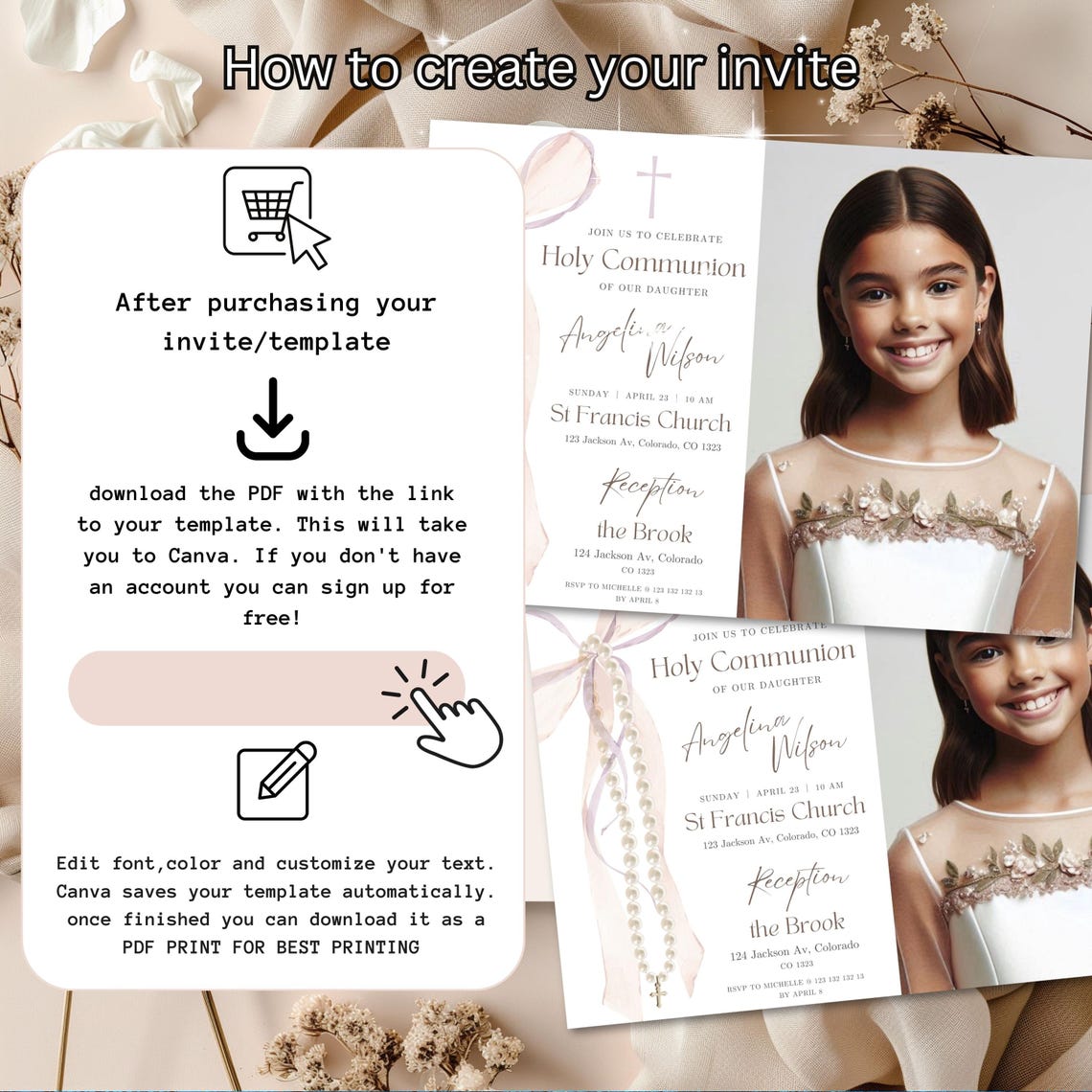 Bow and Pearls Holy Communion Invitation: Editable Template (5x7 ...