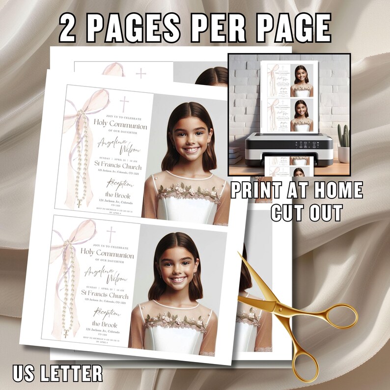 Bow and Pearls Holy Communion Invitation: Editable Template (5x7 ...