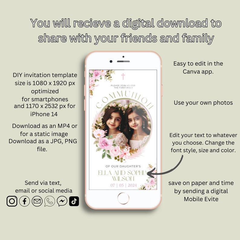 Animated Holy Communion Invitation: Twins Photo, Mobile Evite (canva ...