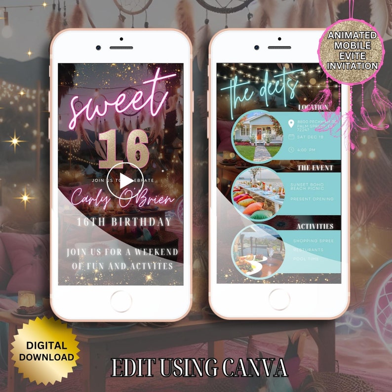 Editable Animated Evite Invite Bo Ho Picnic on the Beach 16th Birthday Invitation, E-invite ...