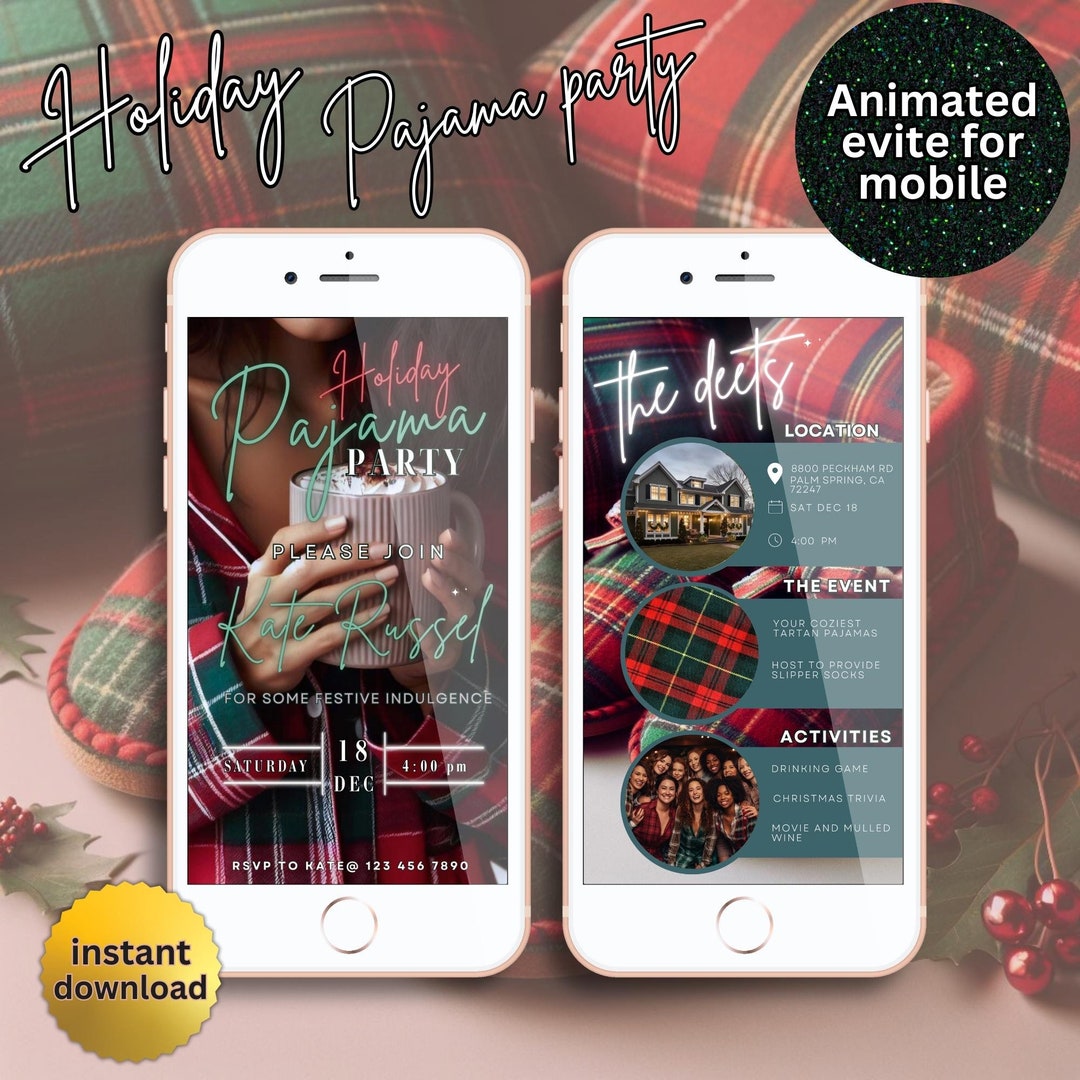 Editable Adult Christmas Pajama Party Invite, Animated Evite Mobile ...