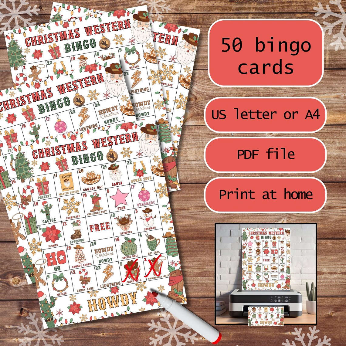 50 Country Western Christmas Bingo Cards: Family Holiday Game (PDF) - Etsy