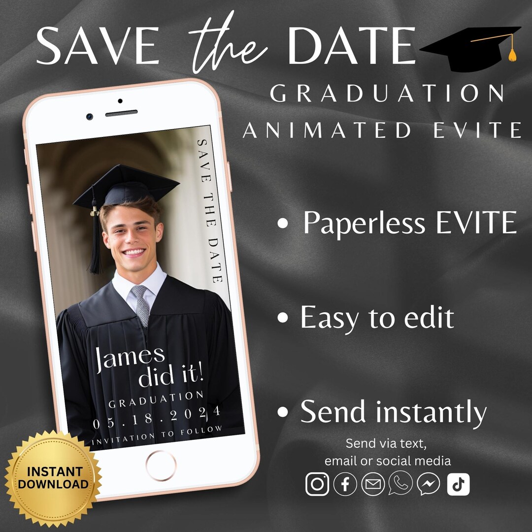 Graduation Save the Date Evite: Animated Mobile Invitation (canva Edit ...