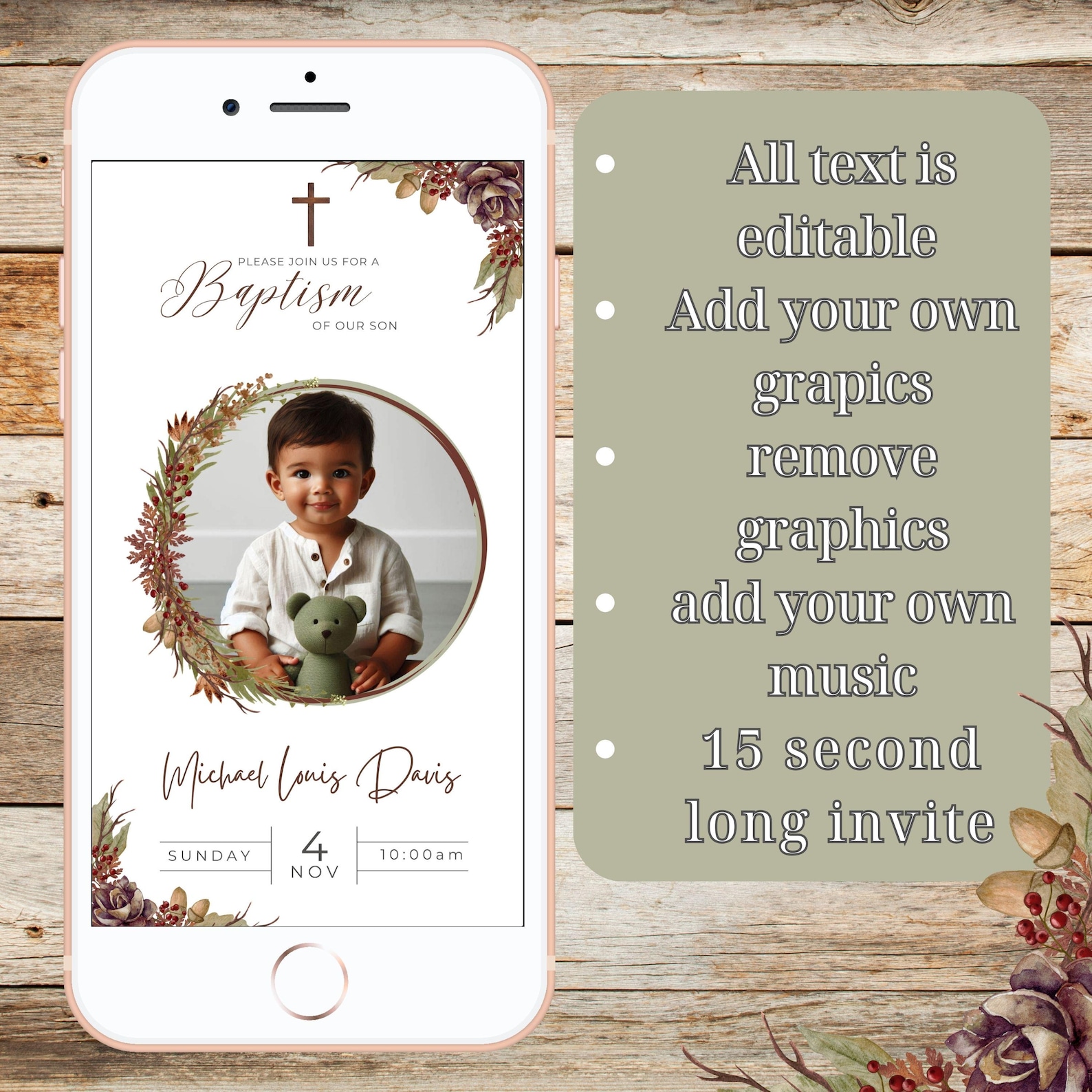 Autumn Baptism Animated Evite: Boy's Invitation, Edit on Canva (digital ...