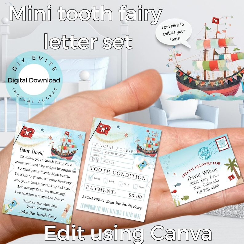 Printable Mini Tooth Fairy Letter Set for Boys, Pirate Theme Blue ...