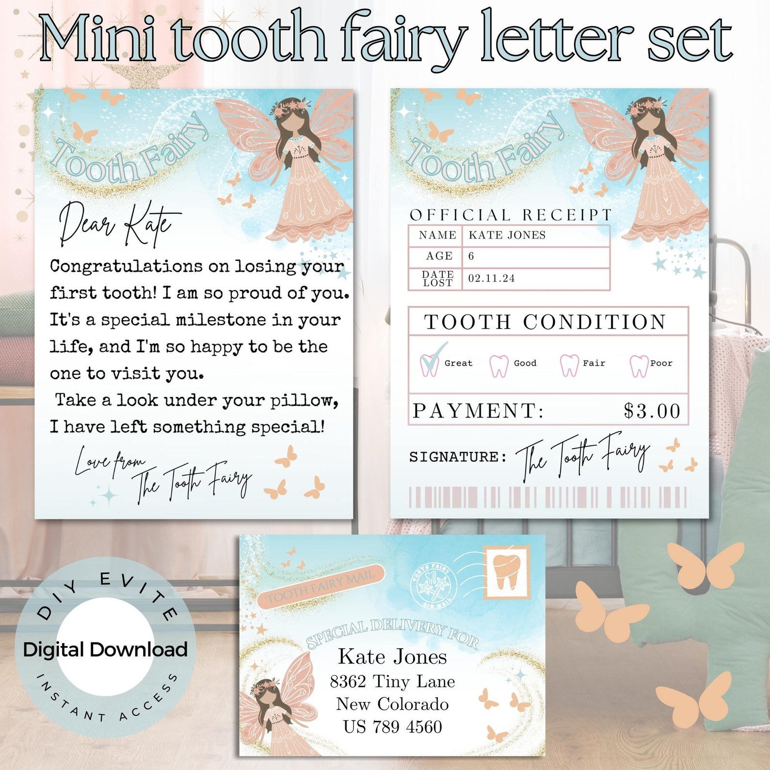 Printable Mini Tooth Fairy Letter Set, Instant Download and Fully ...