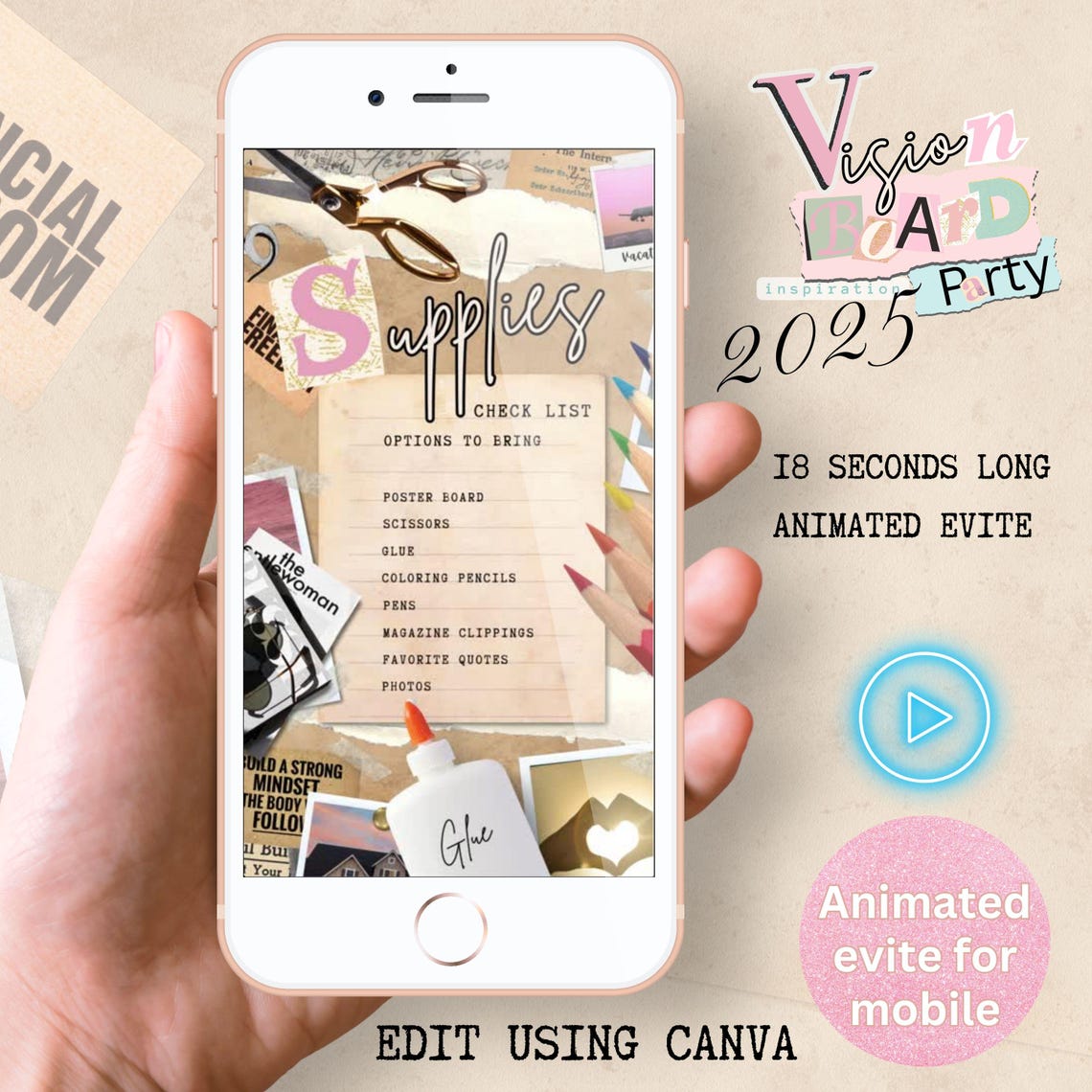 Animated Vision Board Party Evite: Editable Canva Template (digital ...