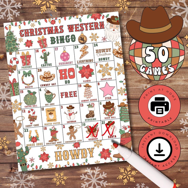 50 Country Western Christmas Bingo Cards: Family Holiday Game (PDF) - Etsy