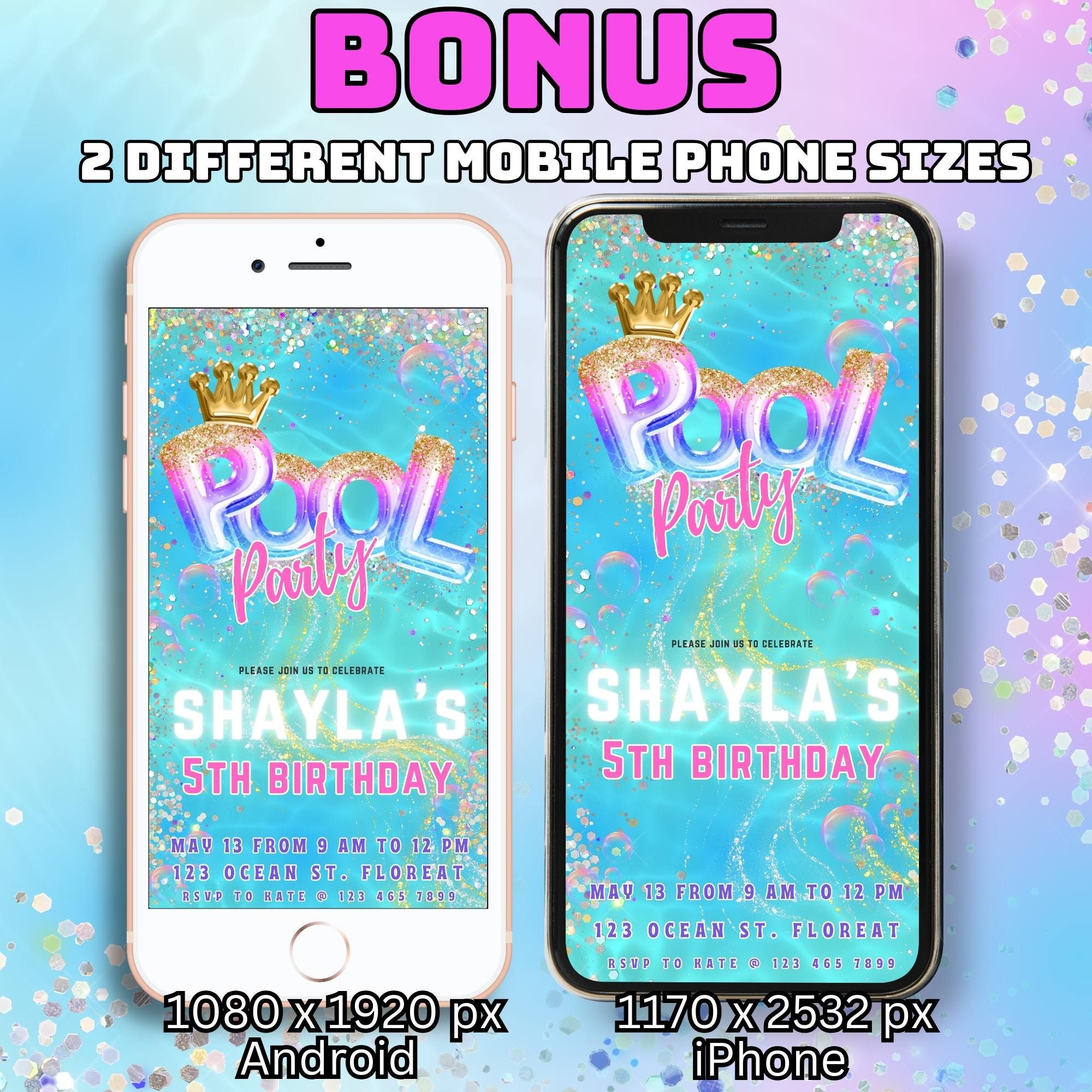 Princess Pool Party Invitation: Mobile & Printable, Thank You Tag ...