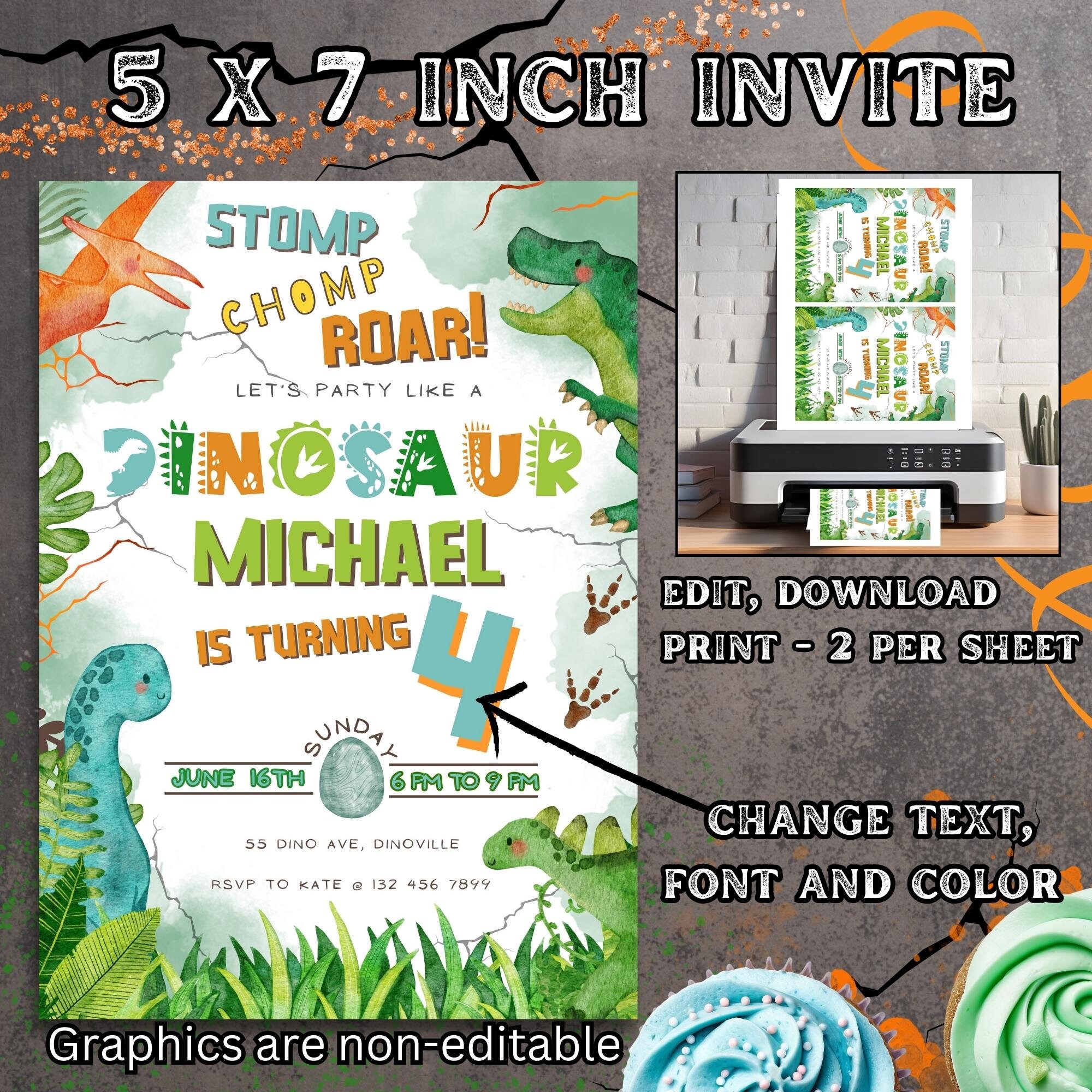 Editable Dinosaur Birthday Invitation, Personalized T-rex Invite, Edit ...