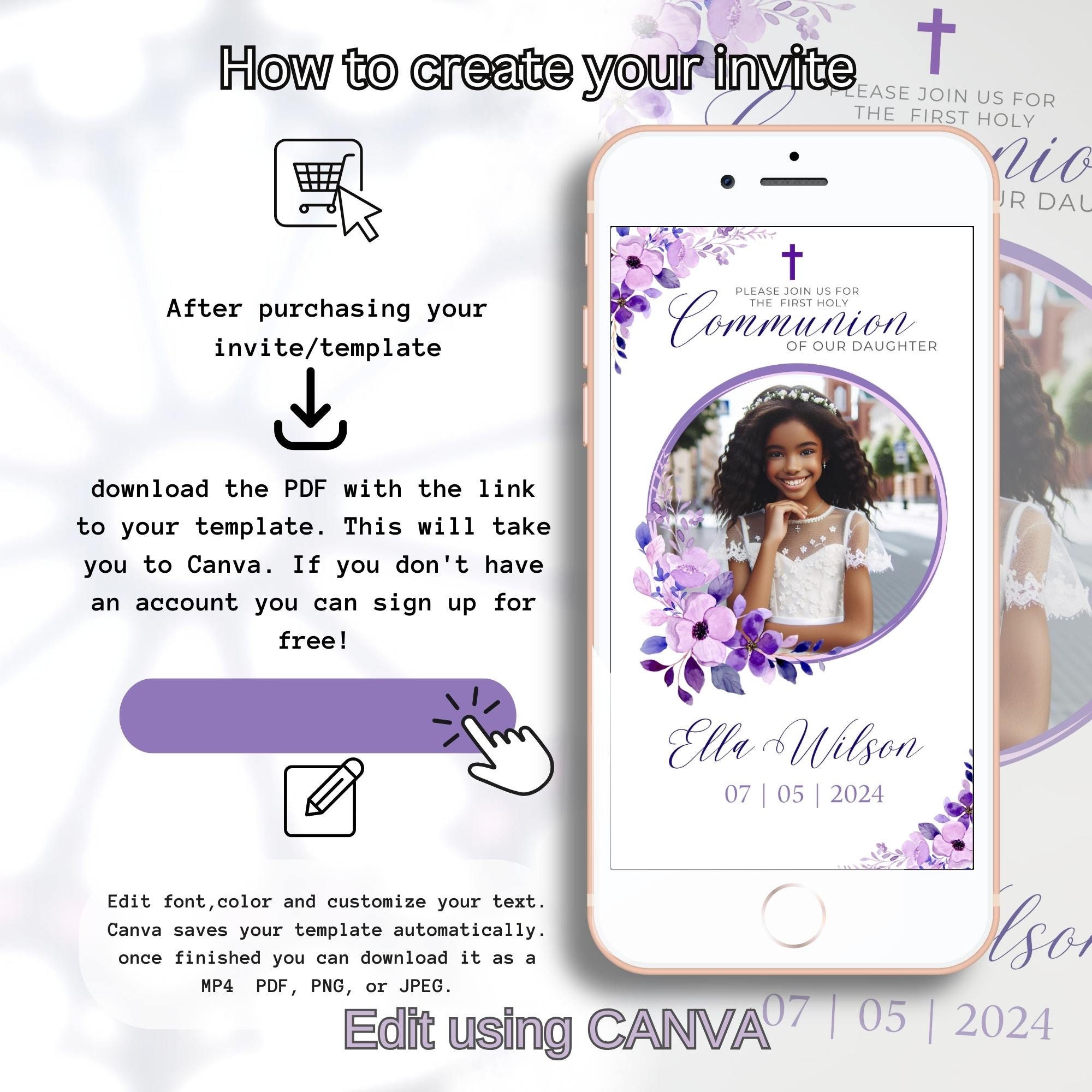 Editable Digital Communion Invite for Mobile. Holy Communion Invite , Purple, Girls Communion ...