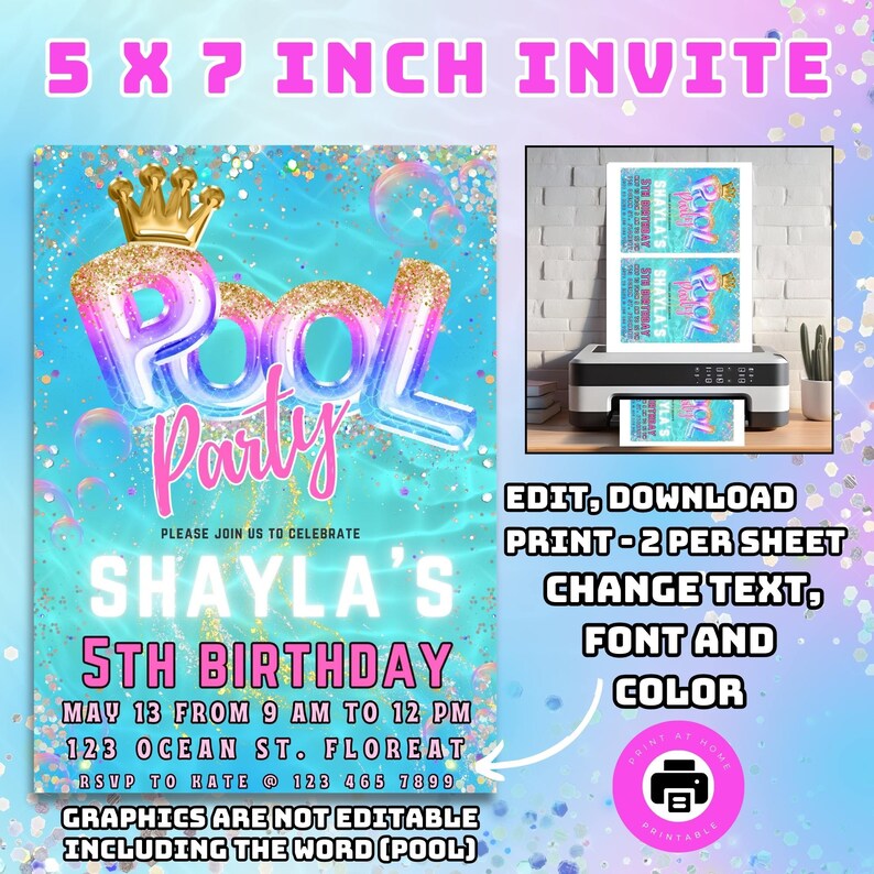 Princess Pool Party Invitation: Mobile & Printable, Thank You Tag ...