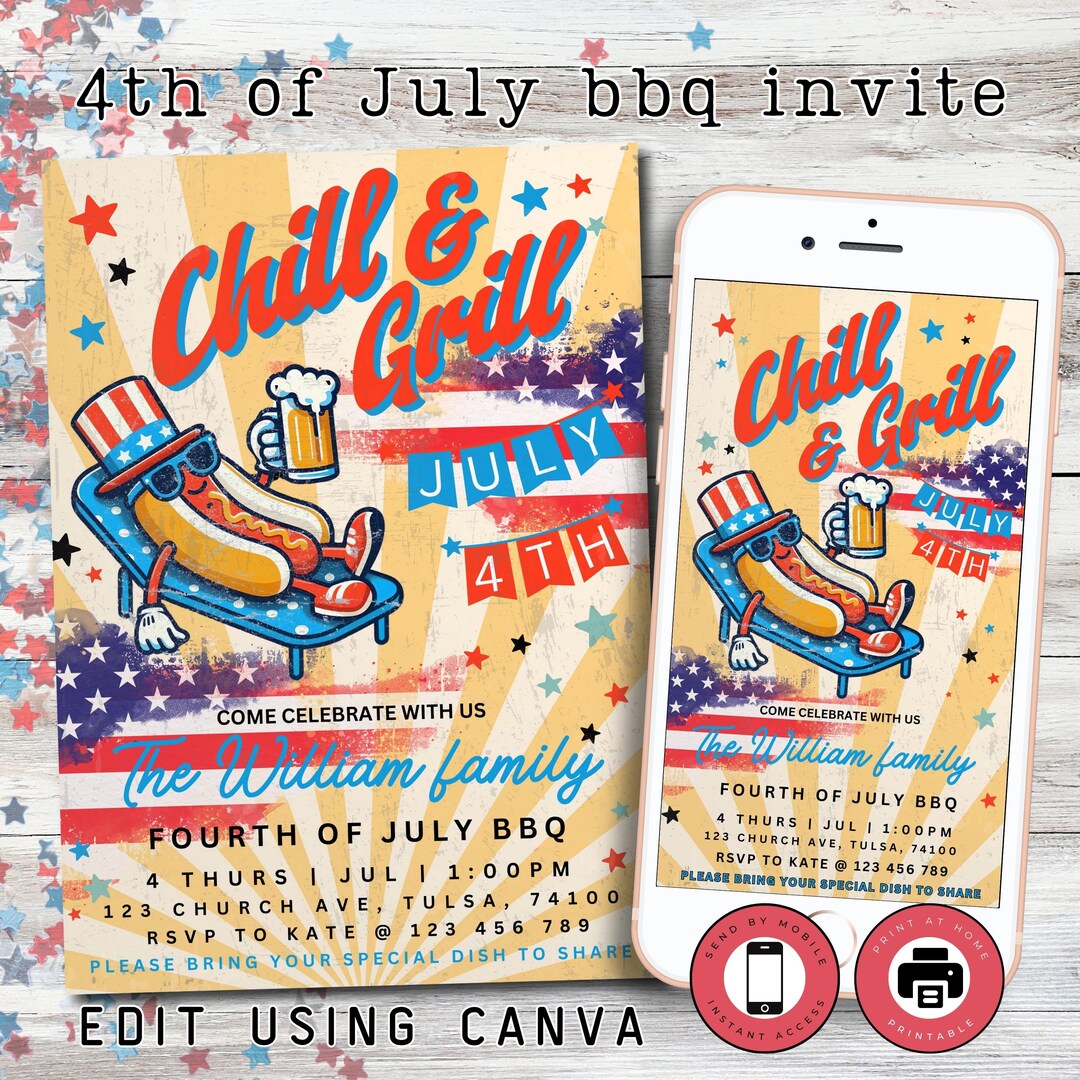 Editable 4th of July Chill and Grill BBQ Party Invite 5 X 7 and BONUS ...