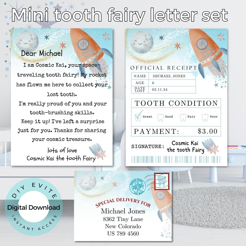 Printable Mini Tooth Fairy Letter Set, Space Theme Blue. Instant ...