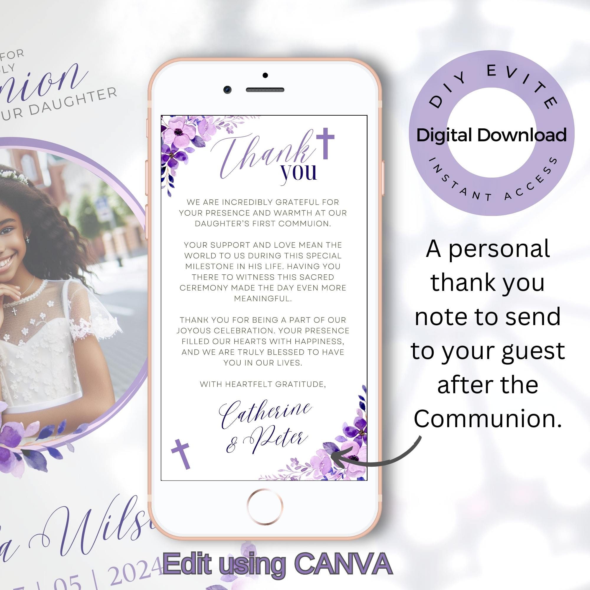 Editable Digital Communion Invite for Mobile. Holy Communion Invite , Purple, Girls Communion ...
