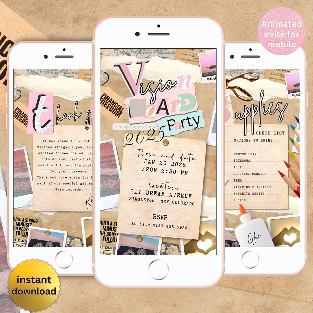 Animated Vision Board Party Evite: Editable Canva Template (digital ...