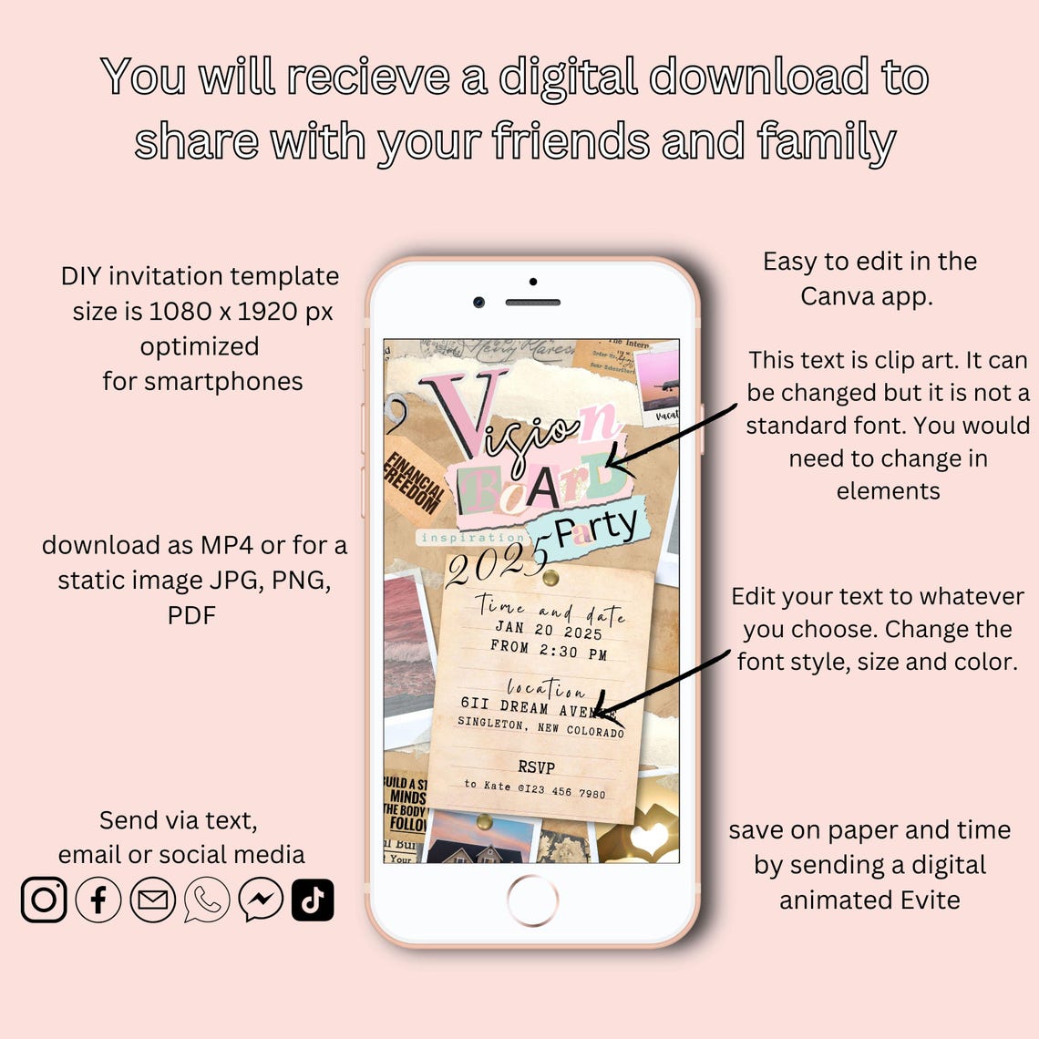 Animated Vision Board Party Evite: Editable Canva Template (digital ...
